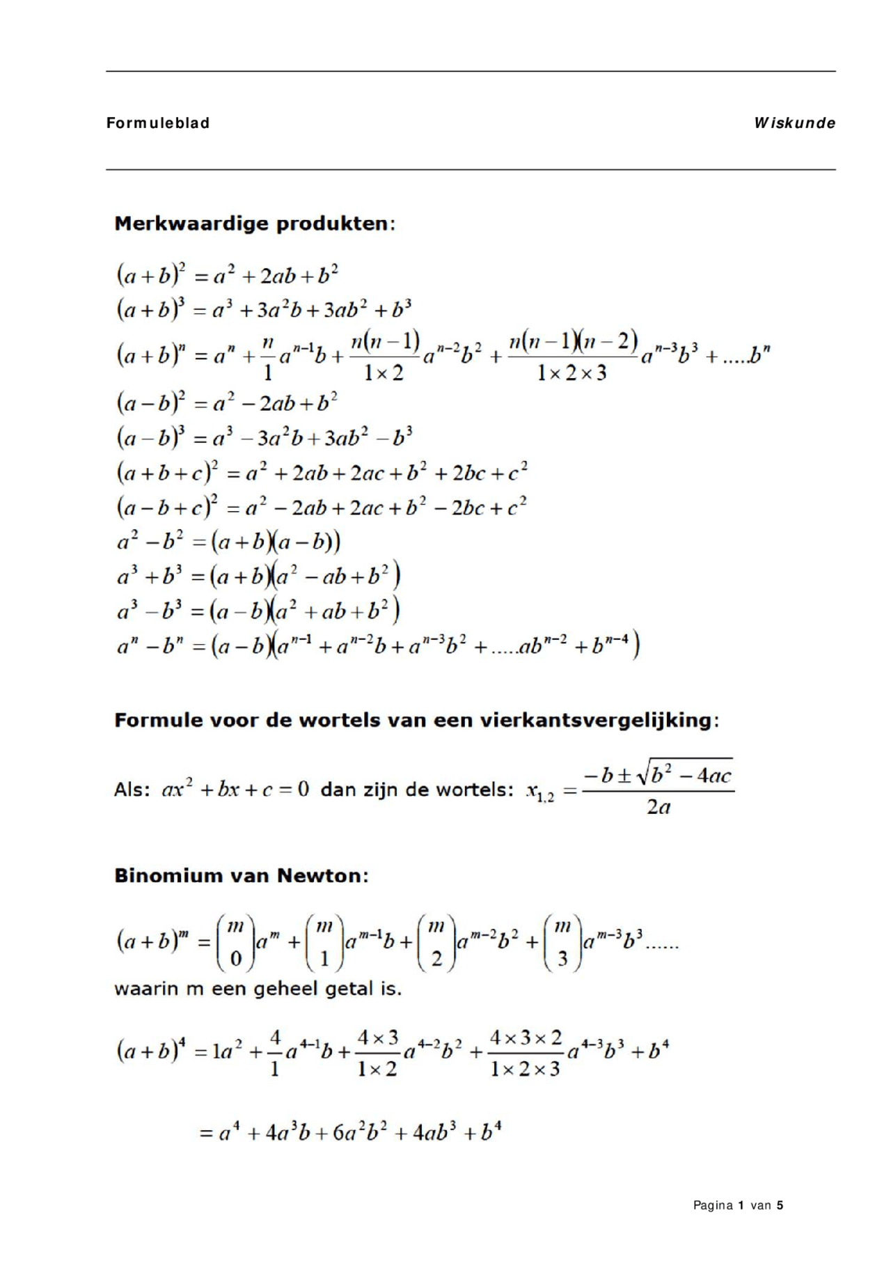 Formules wiskunde: algebra en goniometrie - Docsity