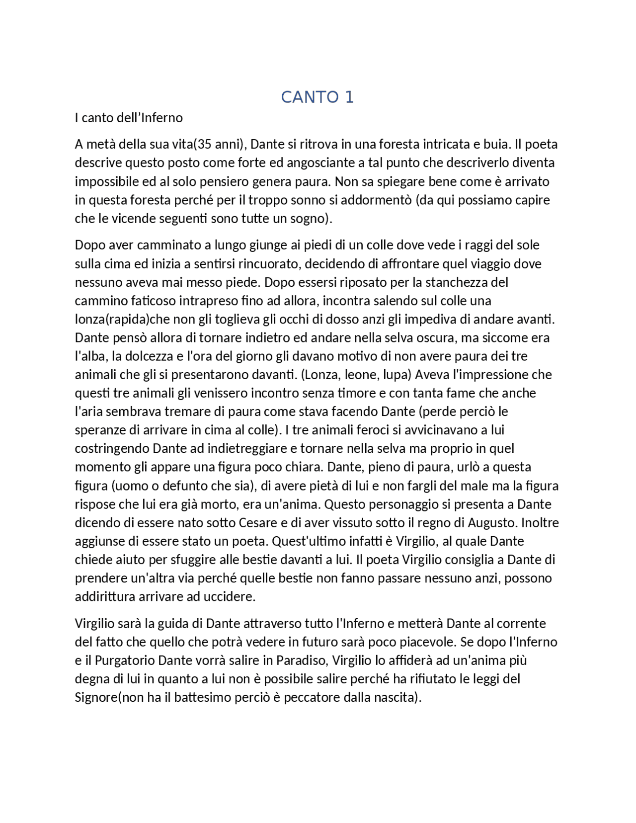 Canto 1 l'inferno (riassunto) | Summaries Italian | Docsity