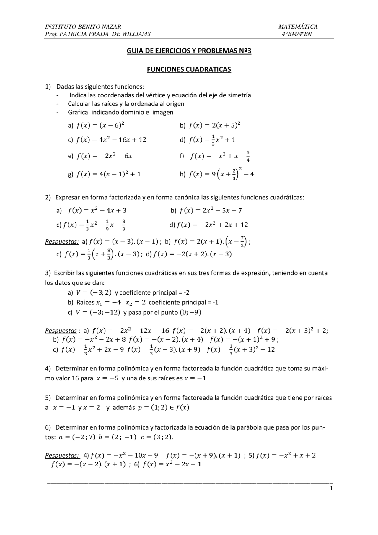 GUIA DE EJERCICIOS Y PROBLEMAS Nº3 FUNCIONES CUADRATICAS | Ejercicios de Matemáticas | Docsity