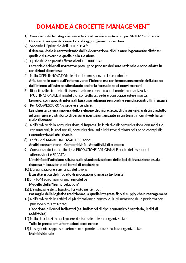 Management domande a crocette | Appunti di Management Theory | Docsity