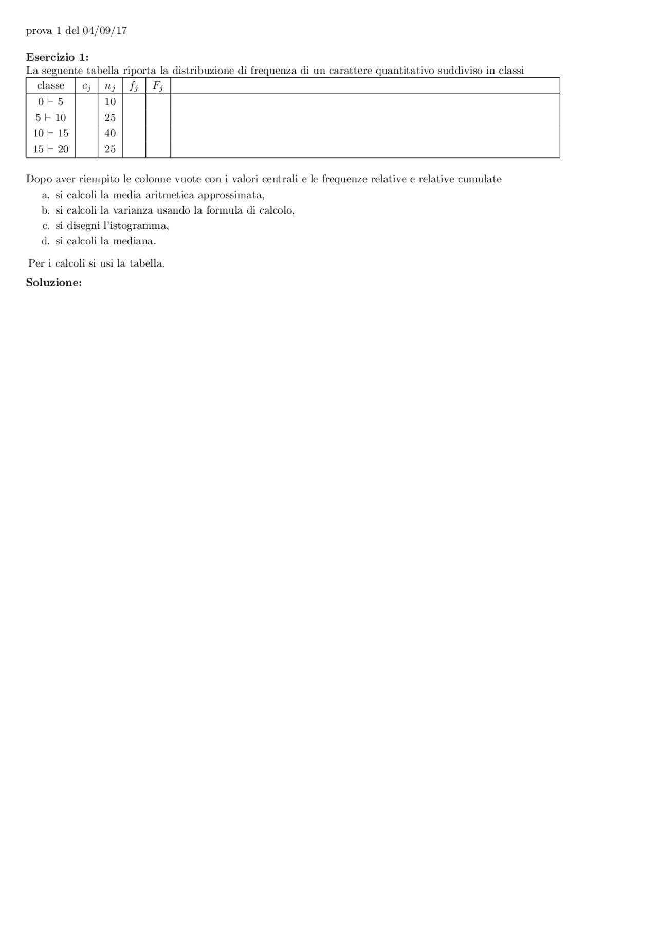 Esempio Prova Esame Statistica Docsity