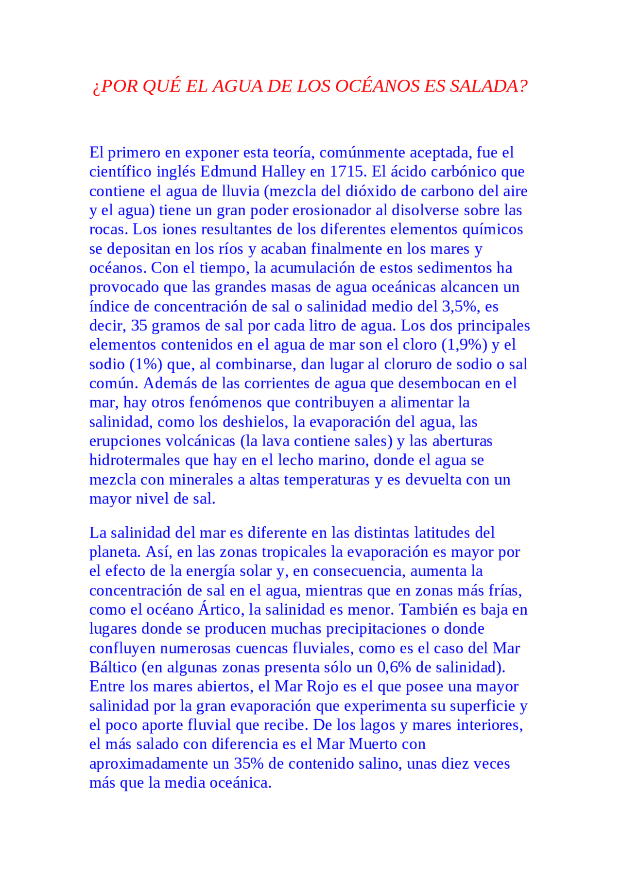POR QUÉ EL AGUA DE LOS OCÉANOS ES SALADA - Docsity