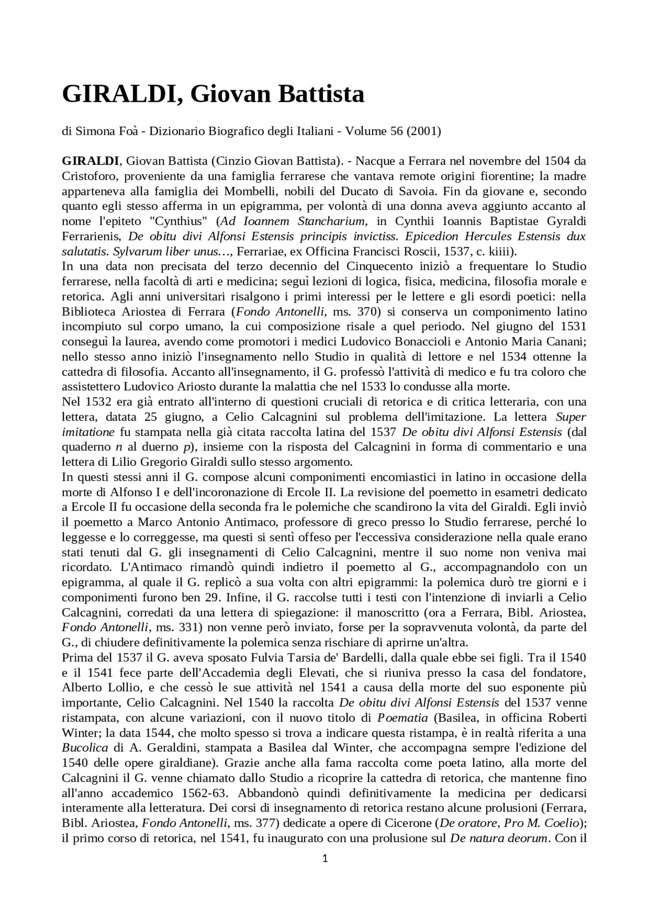 Biografia giraldi cinzio - Docsity