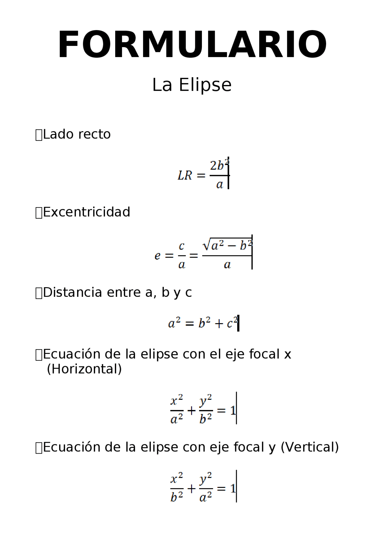 Formulario de la Elipse | Apuntes de Matemáticas | Docsity