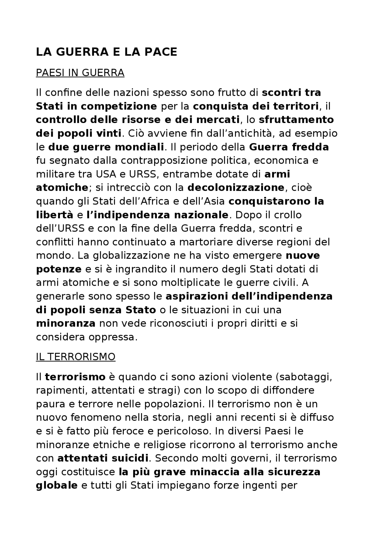 LA GUERRA E LA PACE NEL MONDO - Docsity