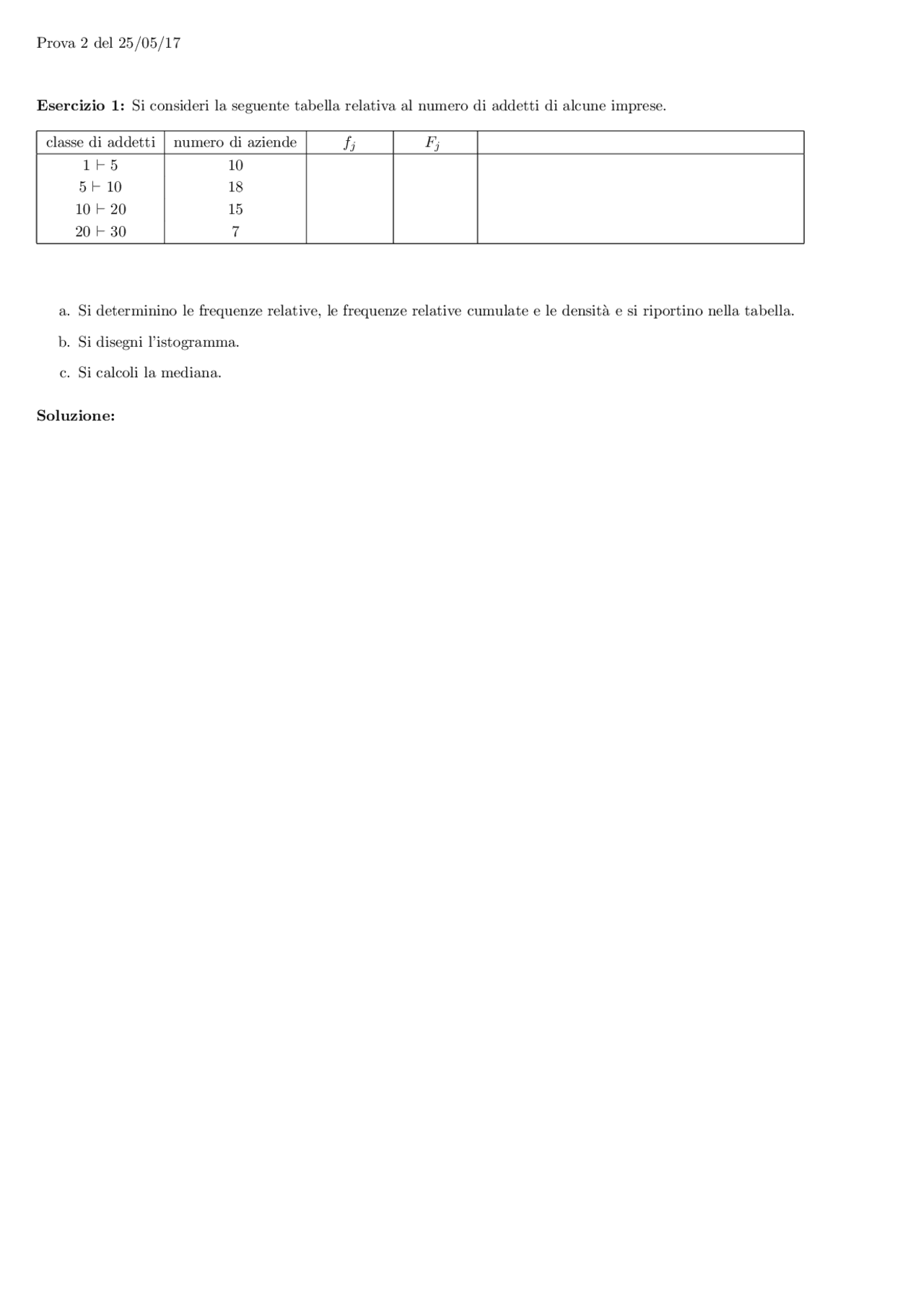 Esempio Prova Esame Statistica Docsity