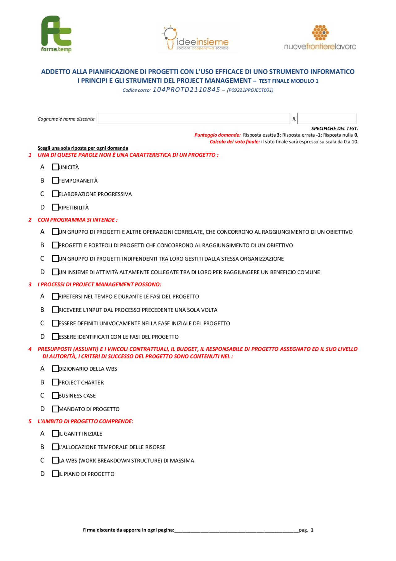 Test project manager | Prove d'esame di Project Management | Docsity