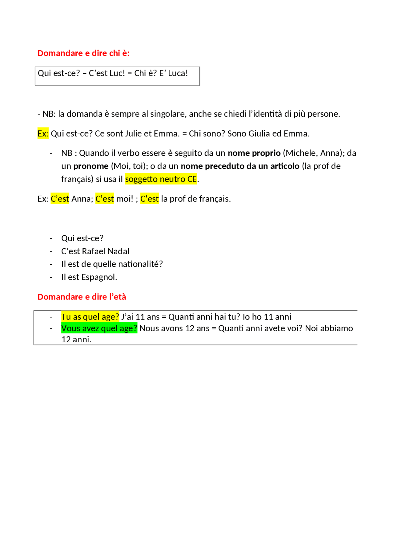 Domandare "chi è?" e l'età in francese | Sintesi del corso di Francese ...