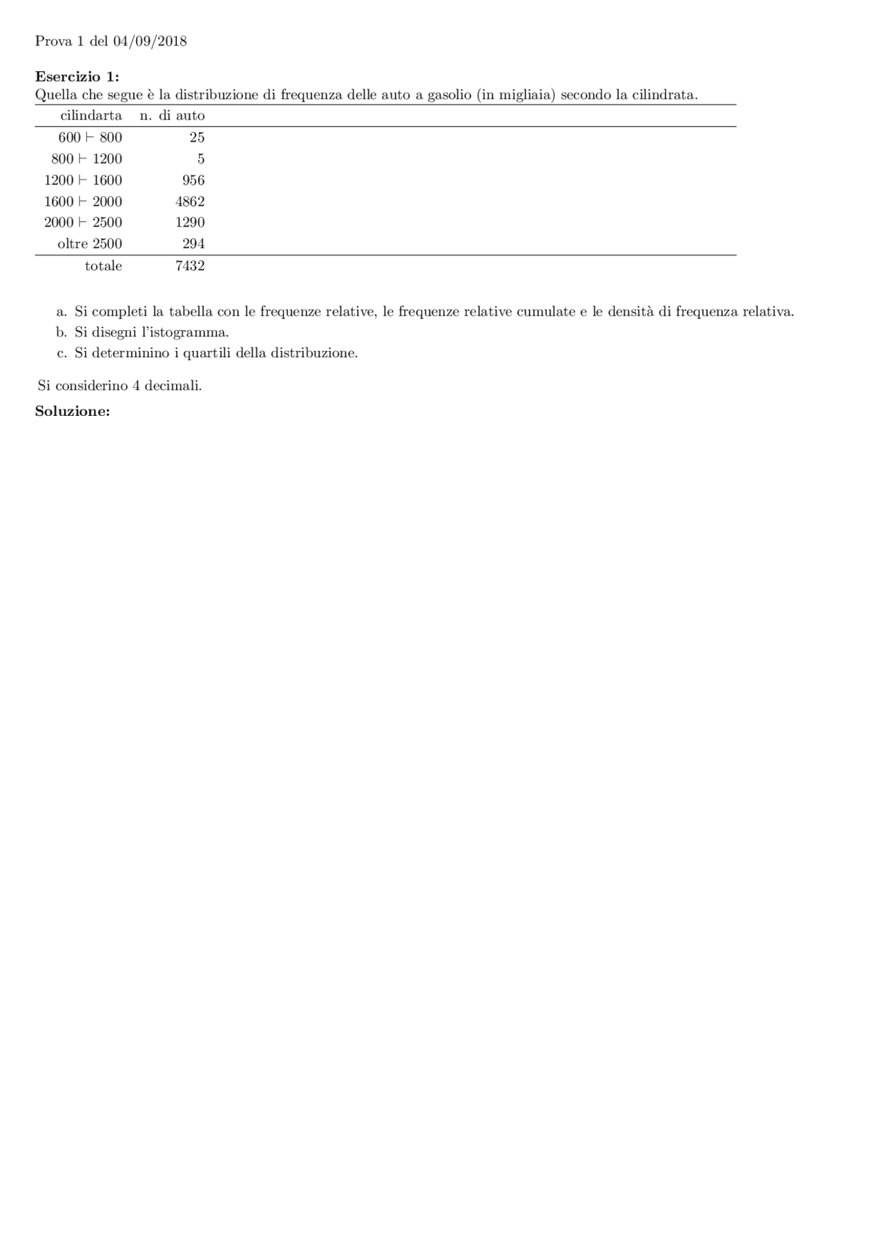 Esempio Prova Esame Statistica Docsity