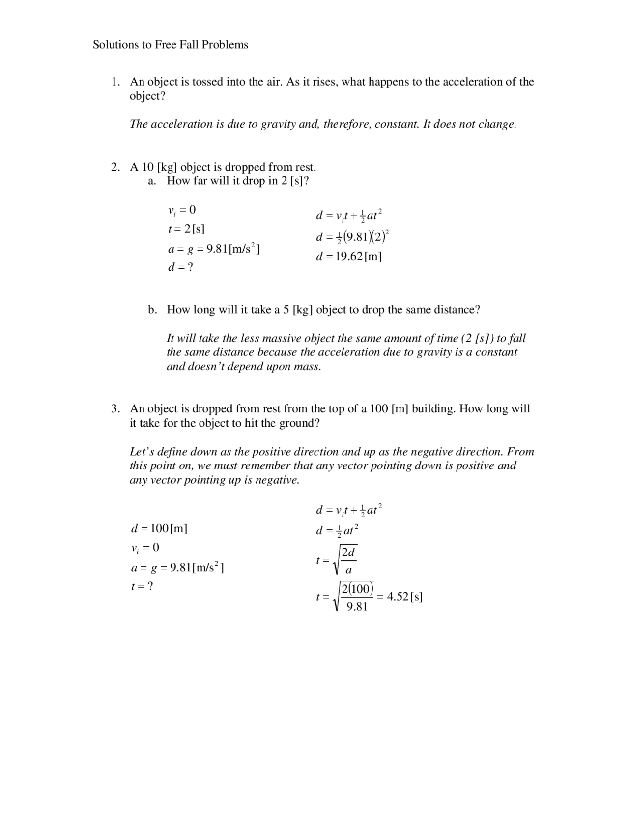 Free Fall Solution For Physics | Cheat Sheet Física | Docsity