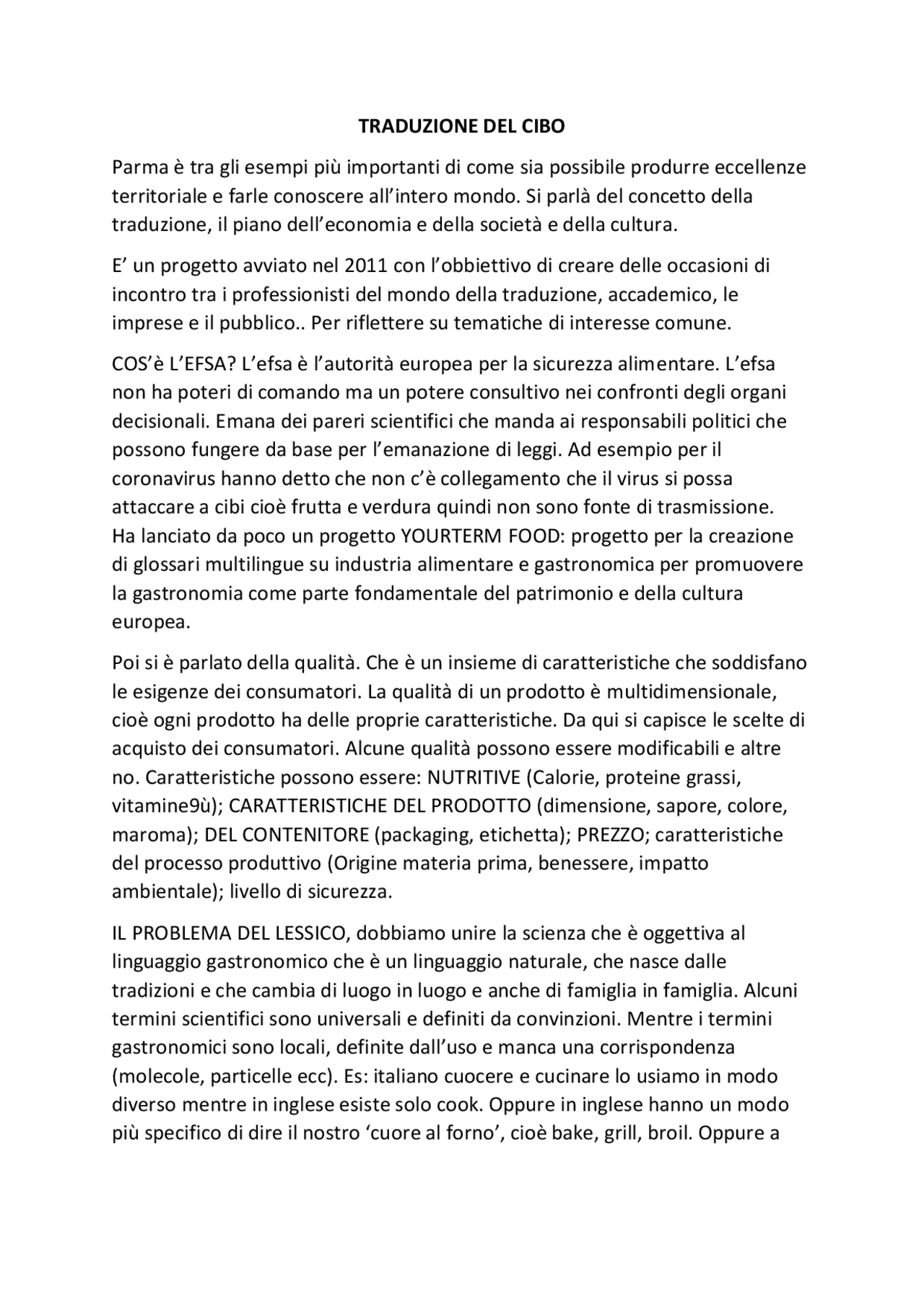 Workshop Linguistica Traduzione Del Cibo Docsity