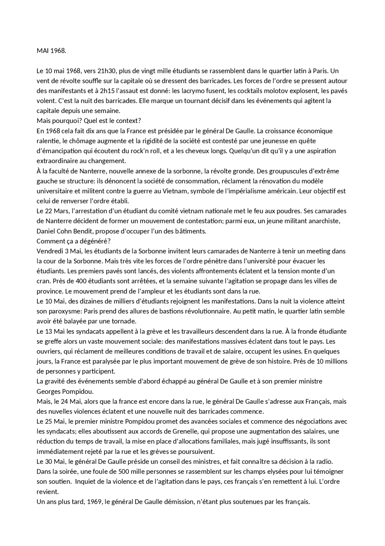 Riassunto Degli Avvenimenti Di Maggio 1968 In Francese Docsity