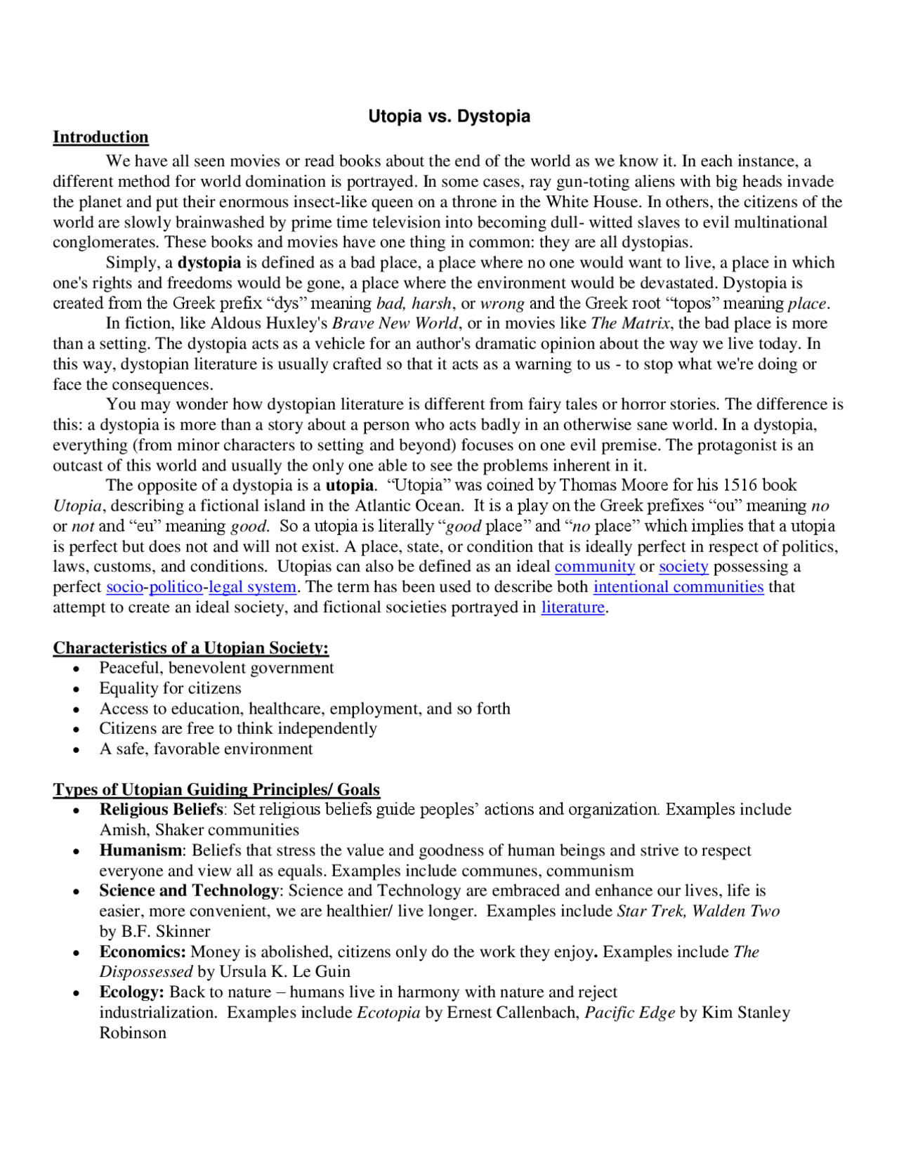 Utopia vs dystopia con le rispettiva definizioni ed esempi - Docsity
