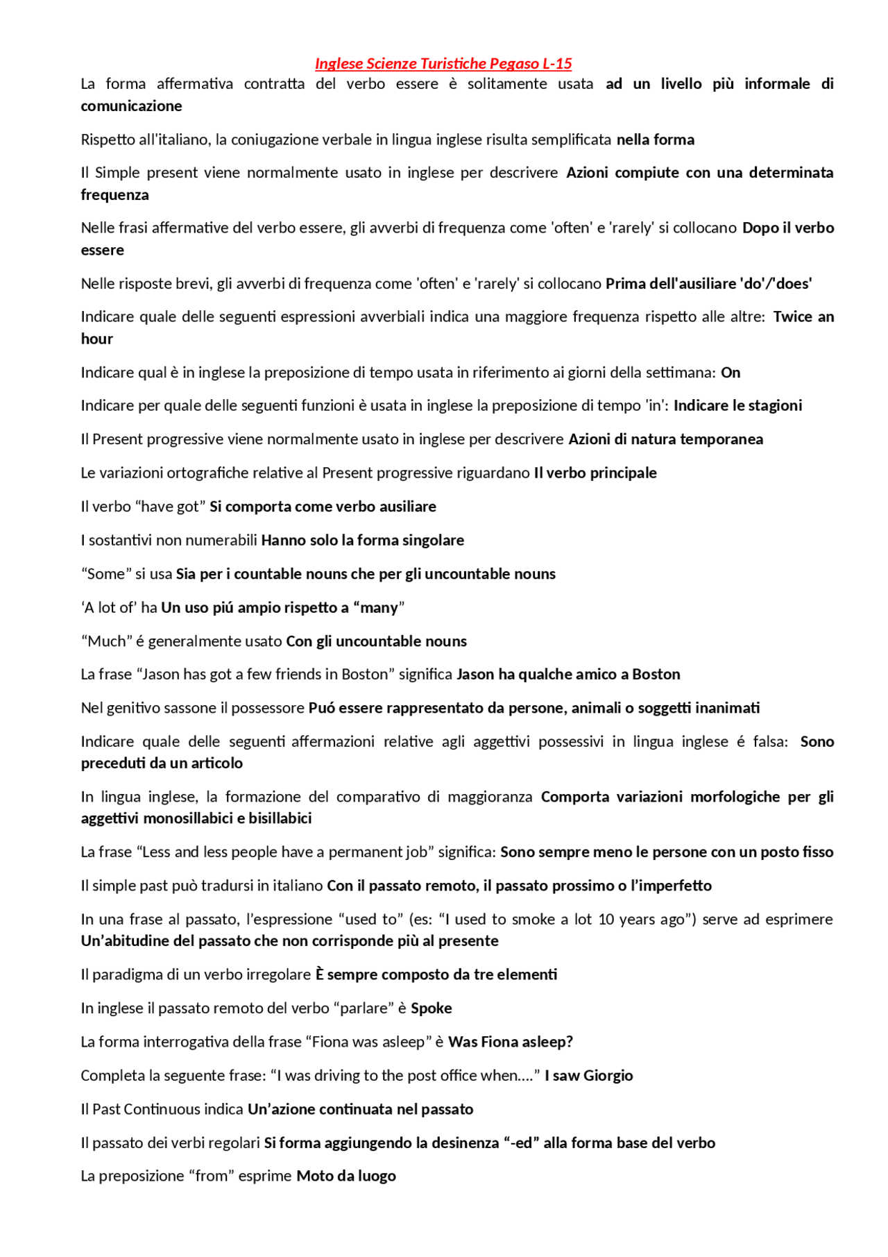 Inglese Scienze Turistiche Pegaso L 15 Docsity