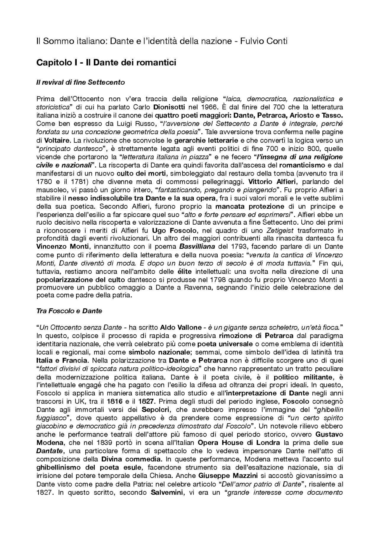 Riassunto "Il sommo italiano" di Fulvio Conti - Docsity