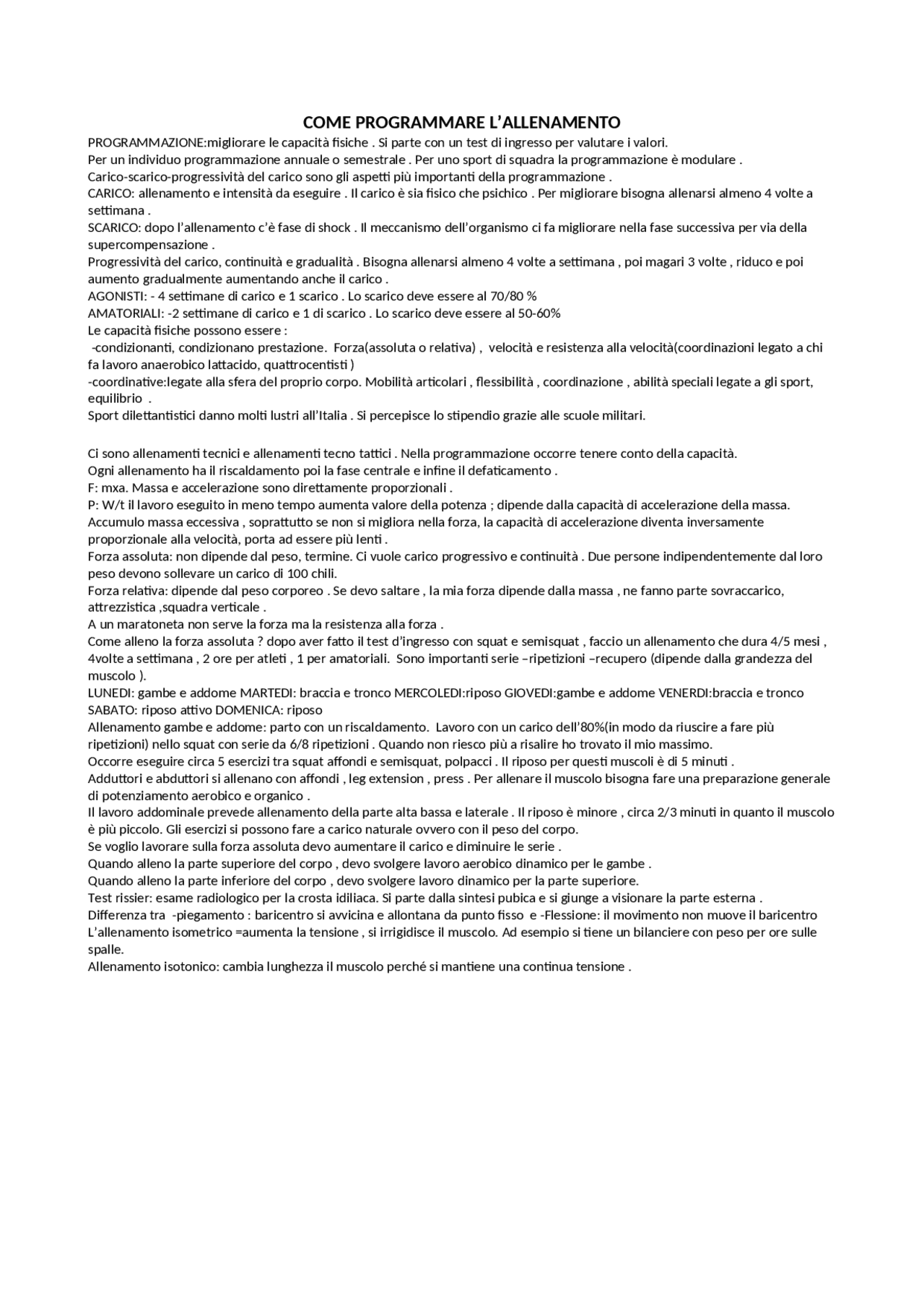 Programmazione Di Un Allenamento Docsity