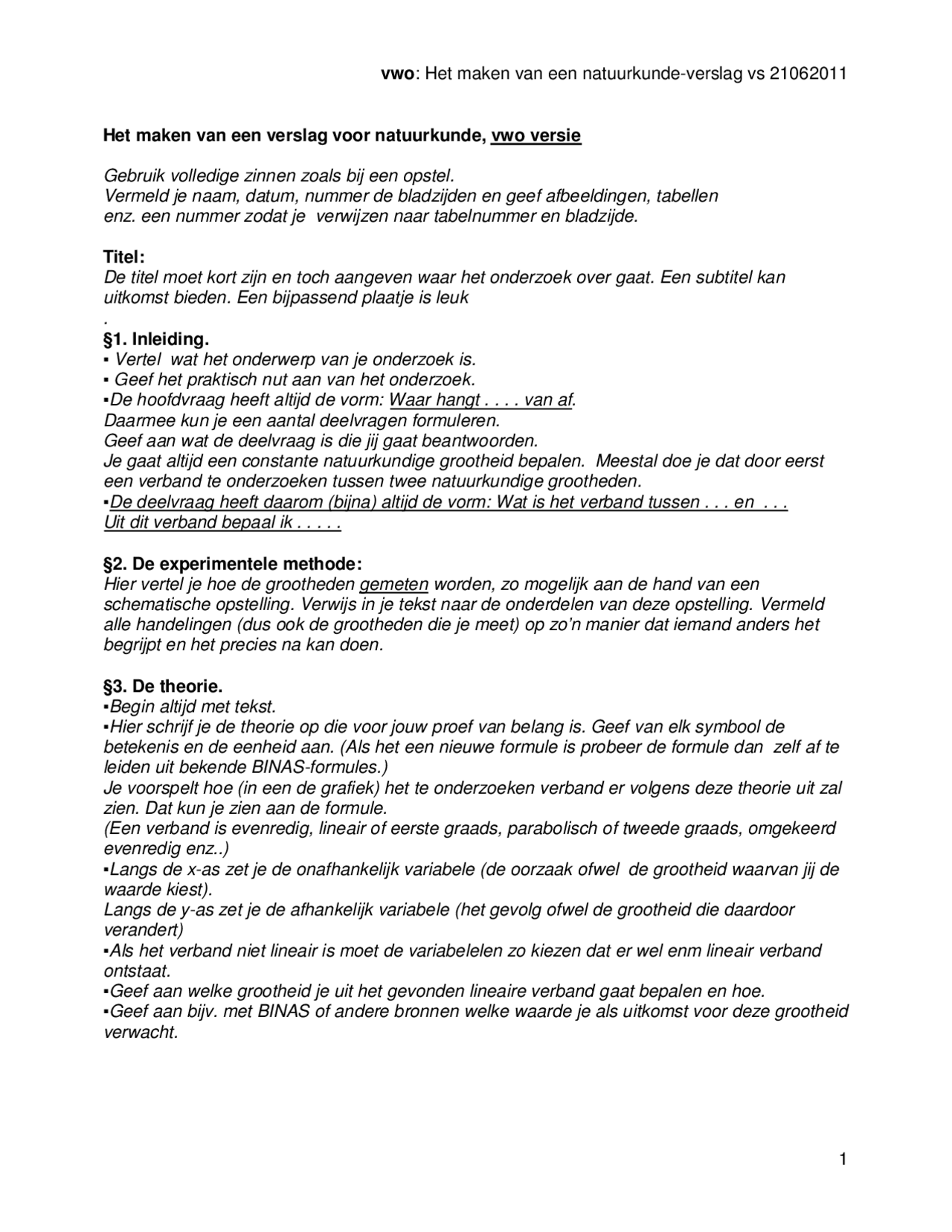 Het maken van een verslag voor natuurkunde, vwo versie - Docsity