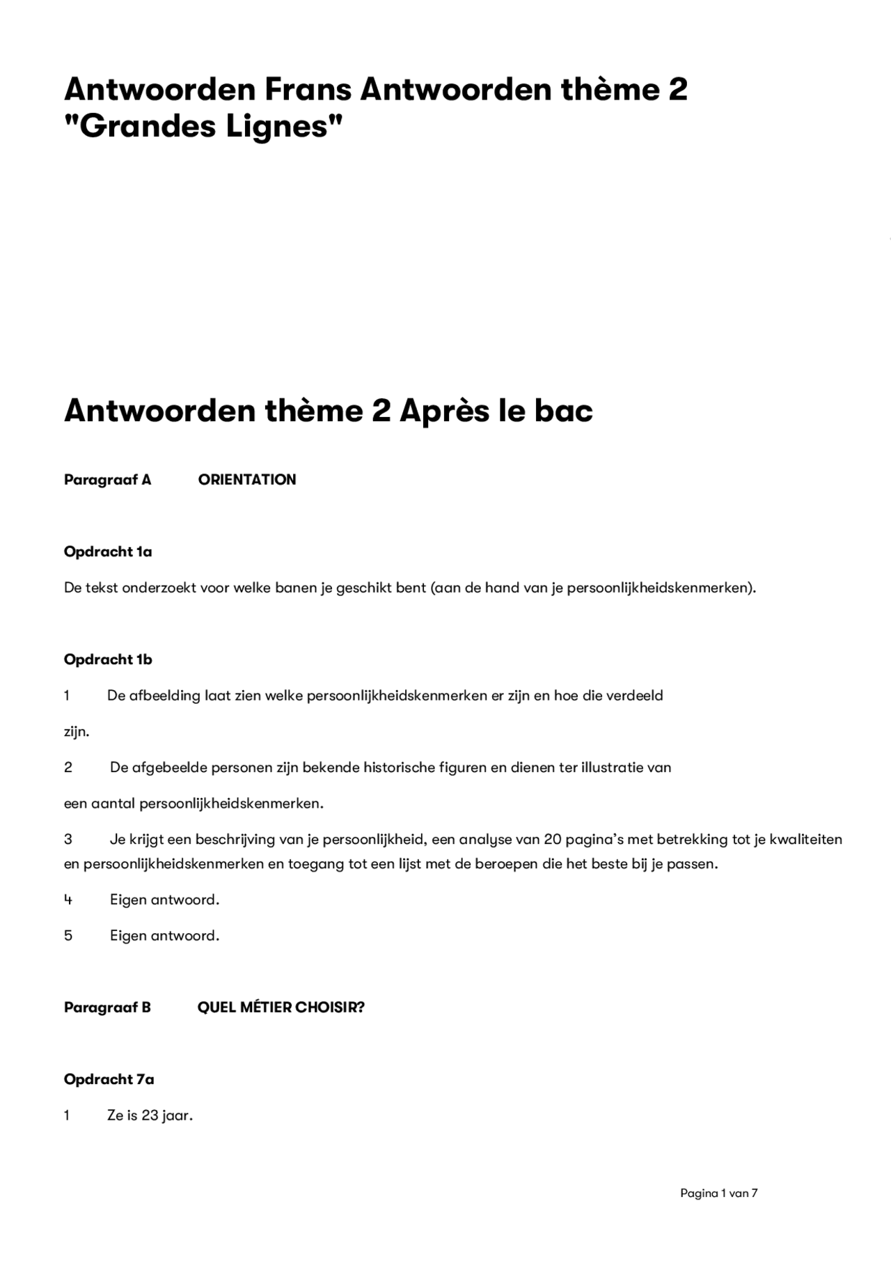 Antwoorden Frans: thème 2 (Grandes Lignes) | Ejercicios Francés | Docsity