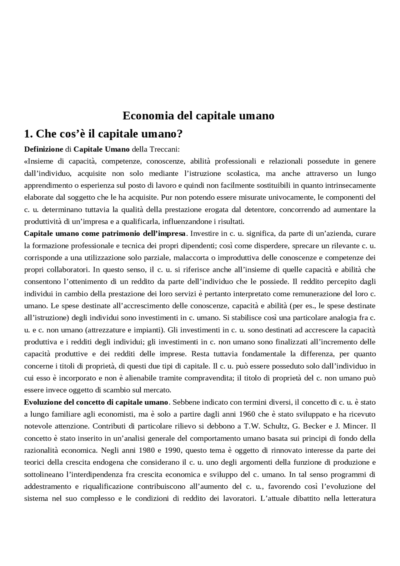 Economia del capitale umano - Docsity
