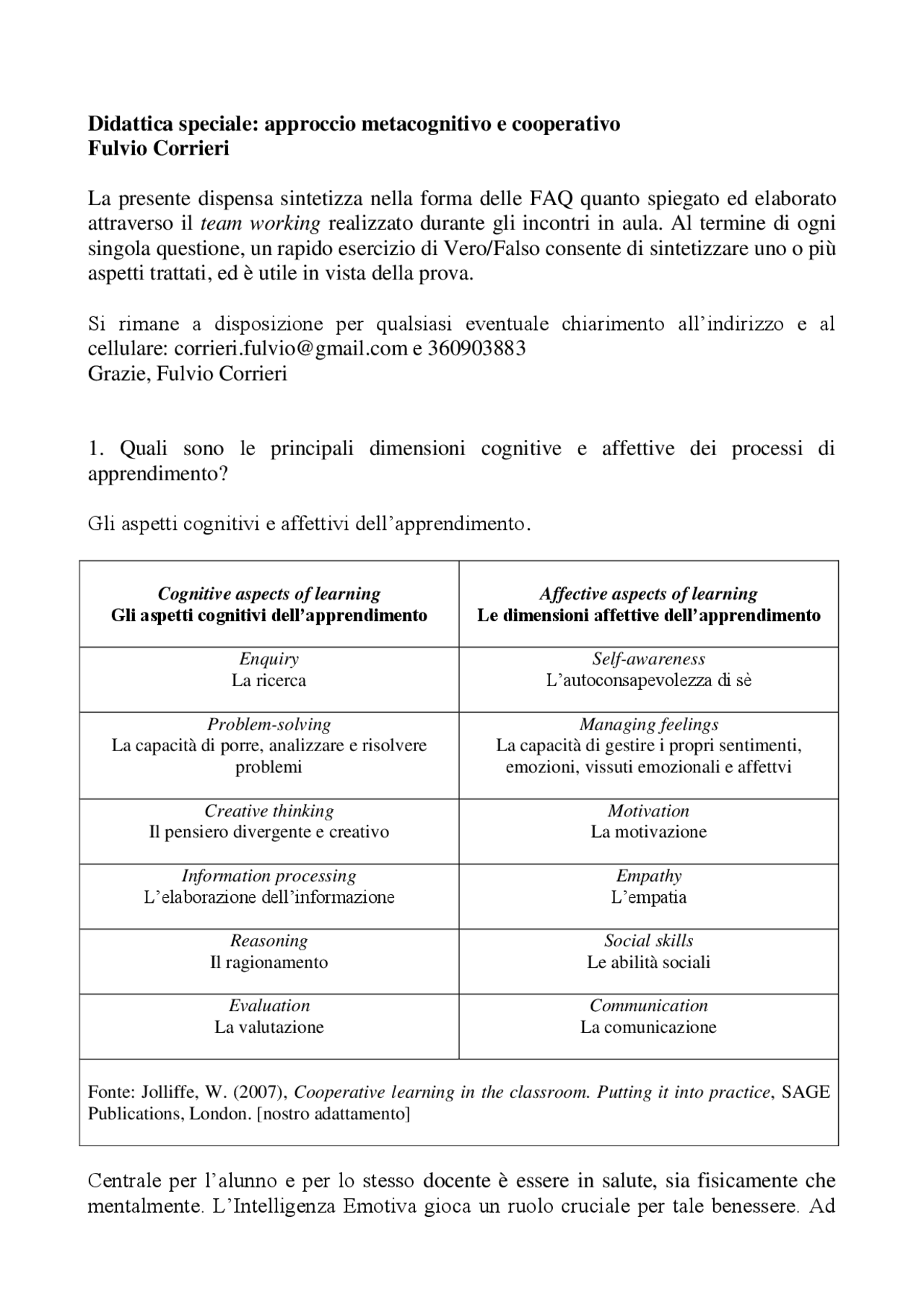 Metacognizioneeapprendimentocopperativoperlinclusione Docsity