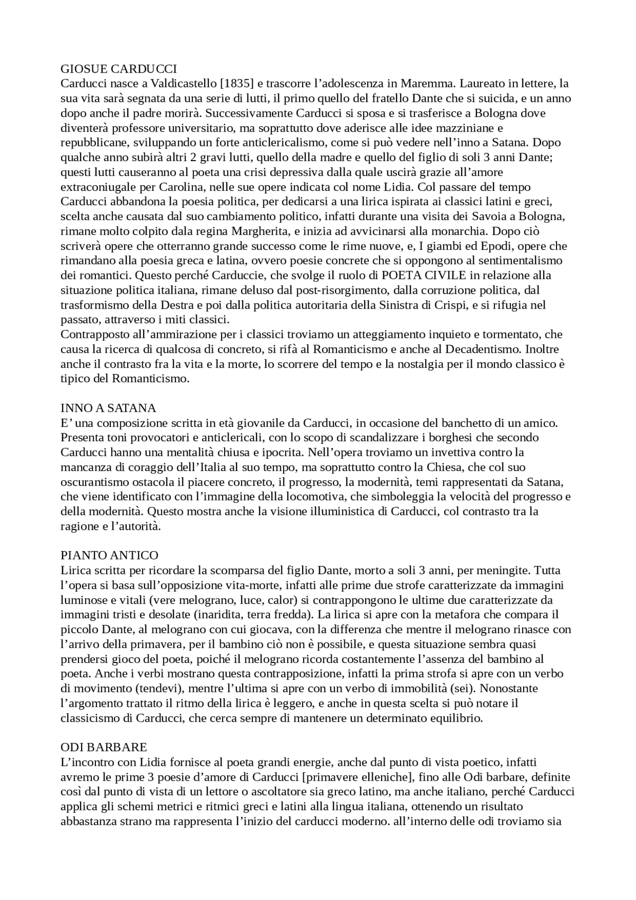 Carducci Appunti Vita E Tematiche Docsity