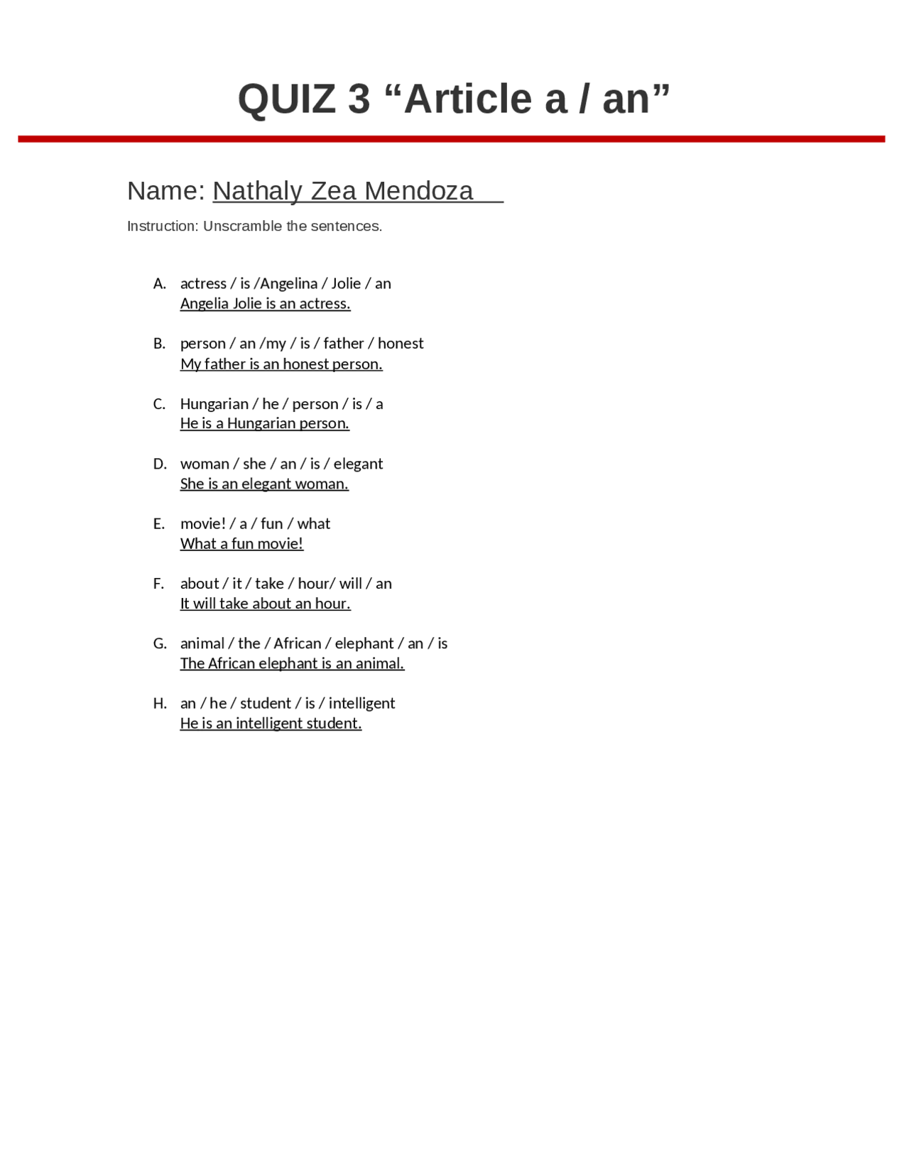 QUIZ 3 “Article a / an” - Docsity