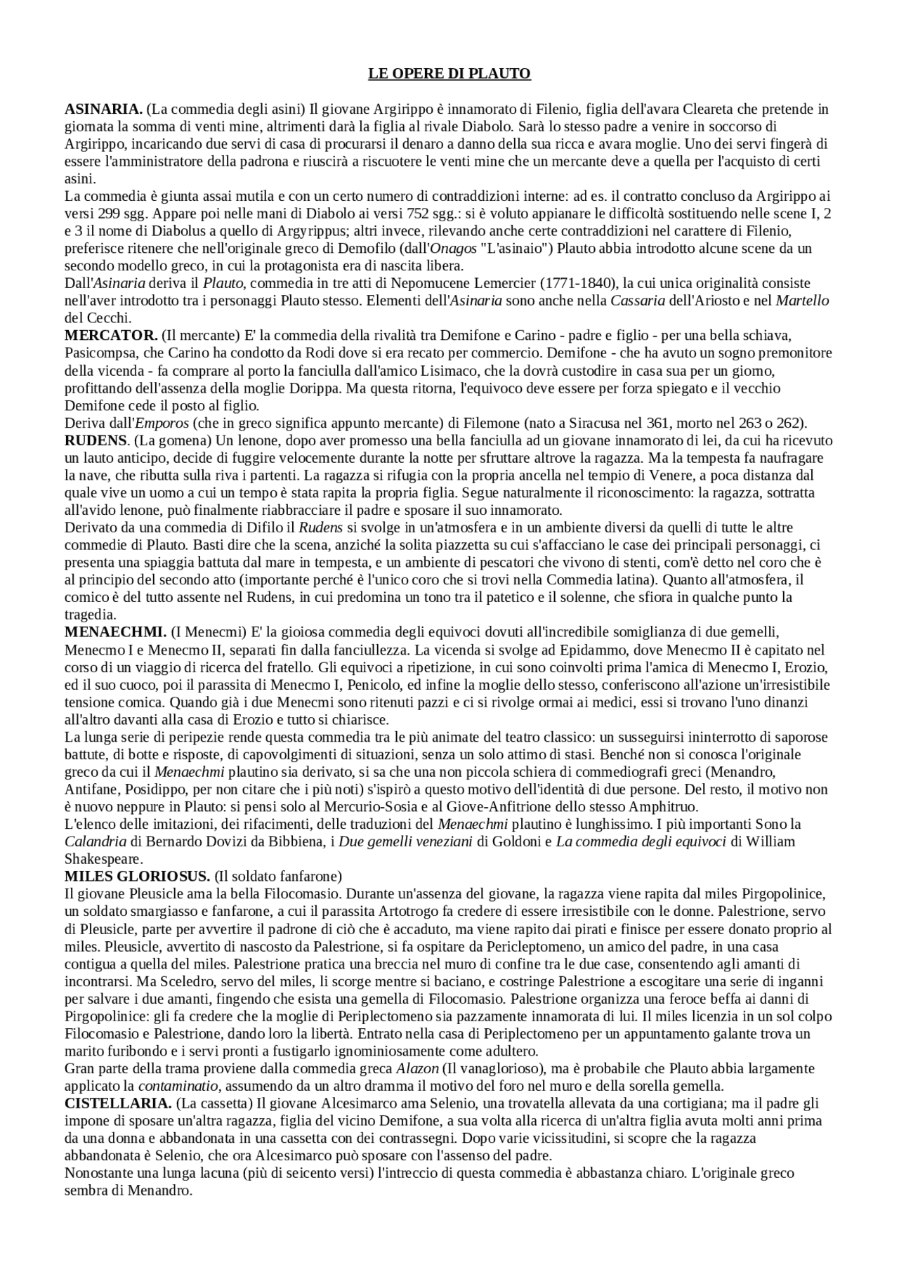 Una Sintesi Delle Opere Di Plauto Docsity