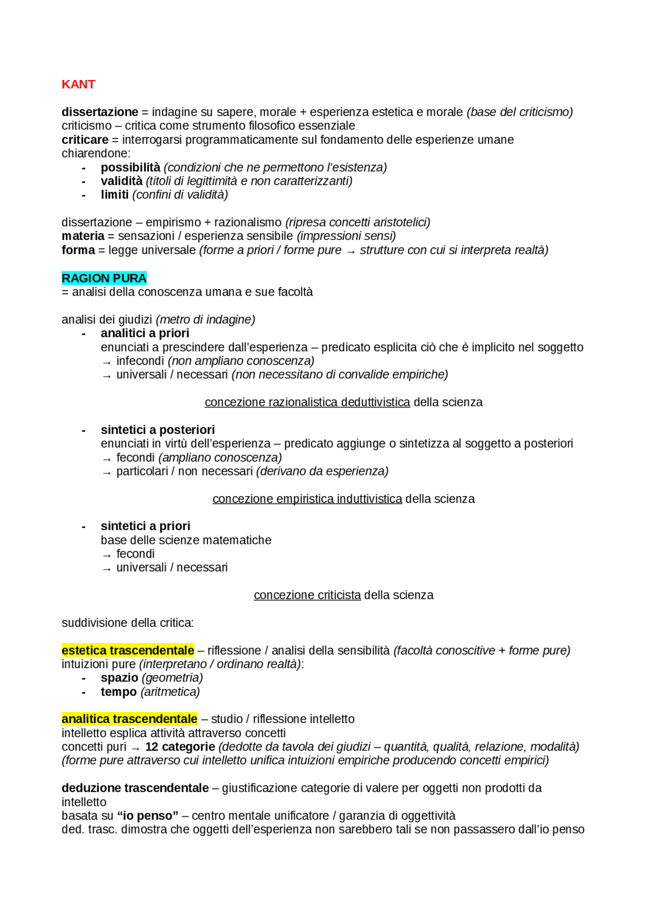 Riassunto Kant Critiche Docsity