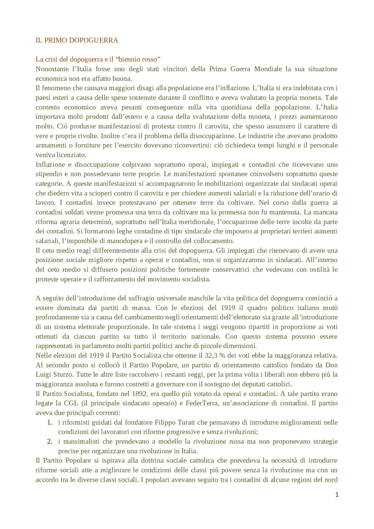 Appunti Di Storia Su Primo Dopoguerra Docsity