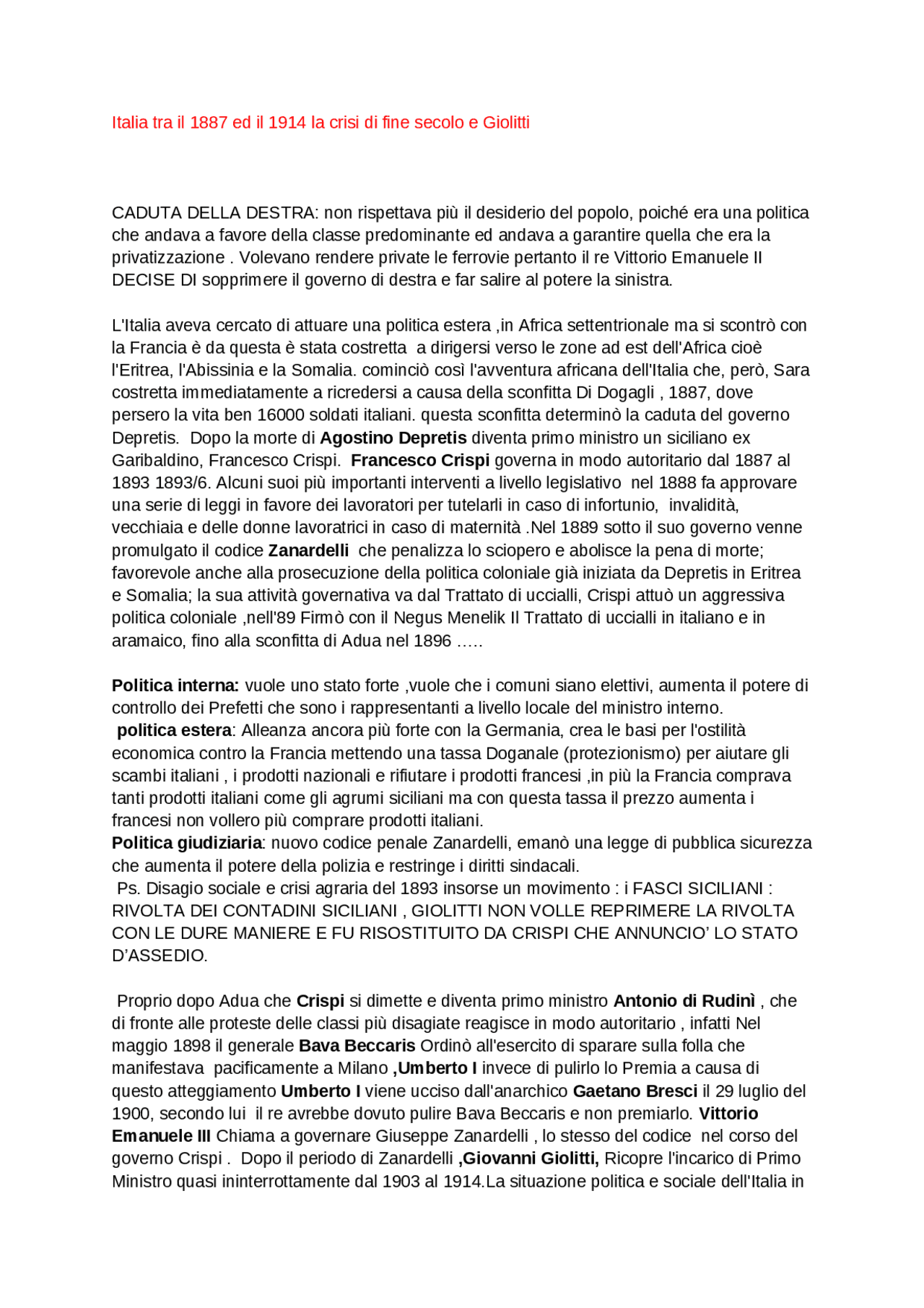 Riassunto Sullitalie E Giolitti Docsity