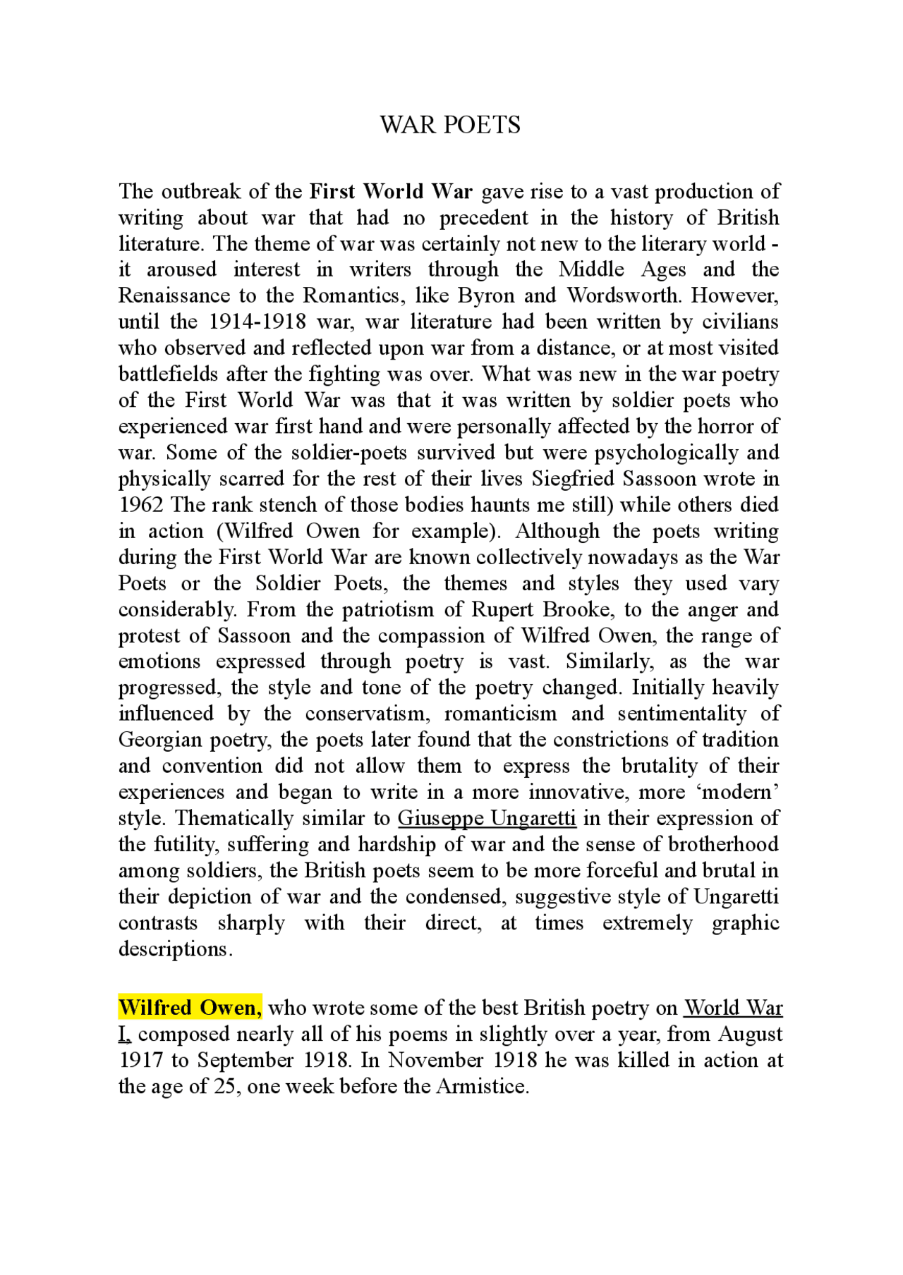 War poets ( FIRST WORLD WAR) - Docsity