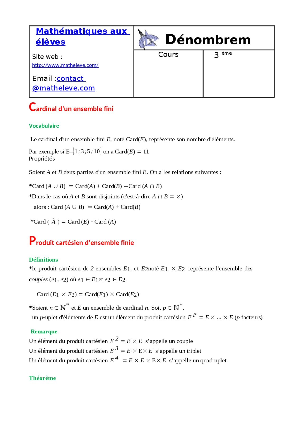 Cours dénombrement + 4 Séries d'exercices | Exercises Mathematics - Docsity