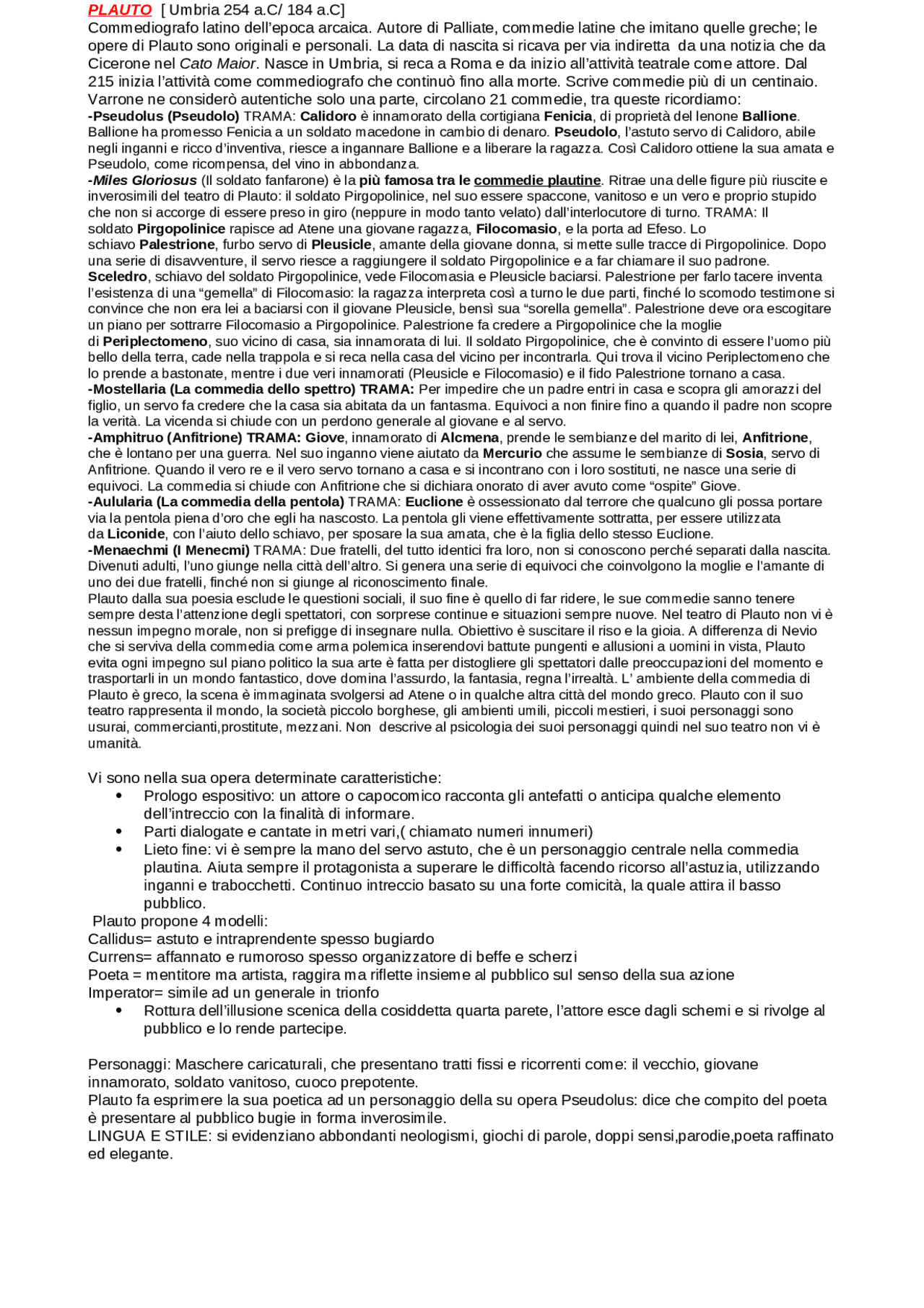 Plauto Vita E Opere Docsity