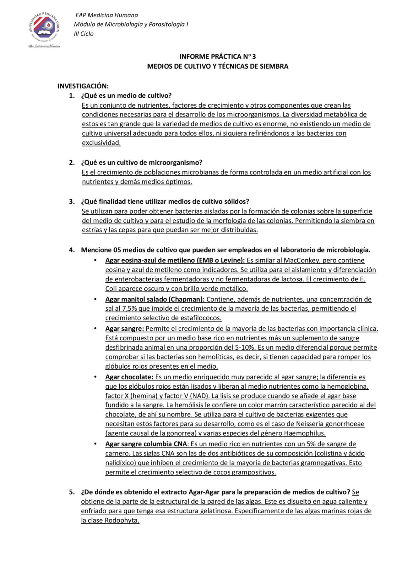 Informe Número 3 De Microbiologia Notes De Microbiologie Docsity