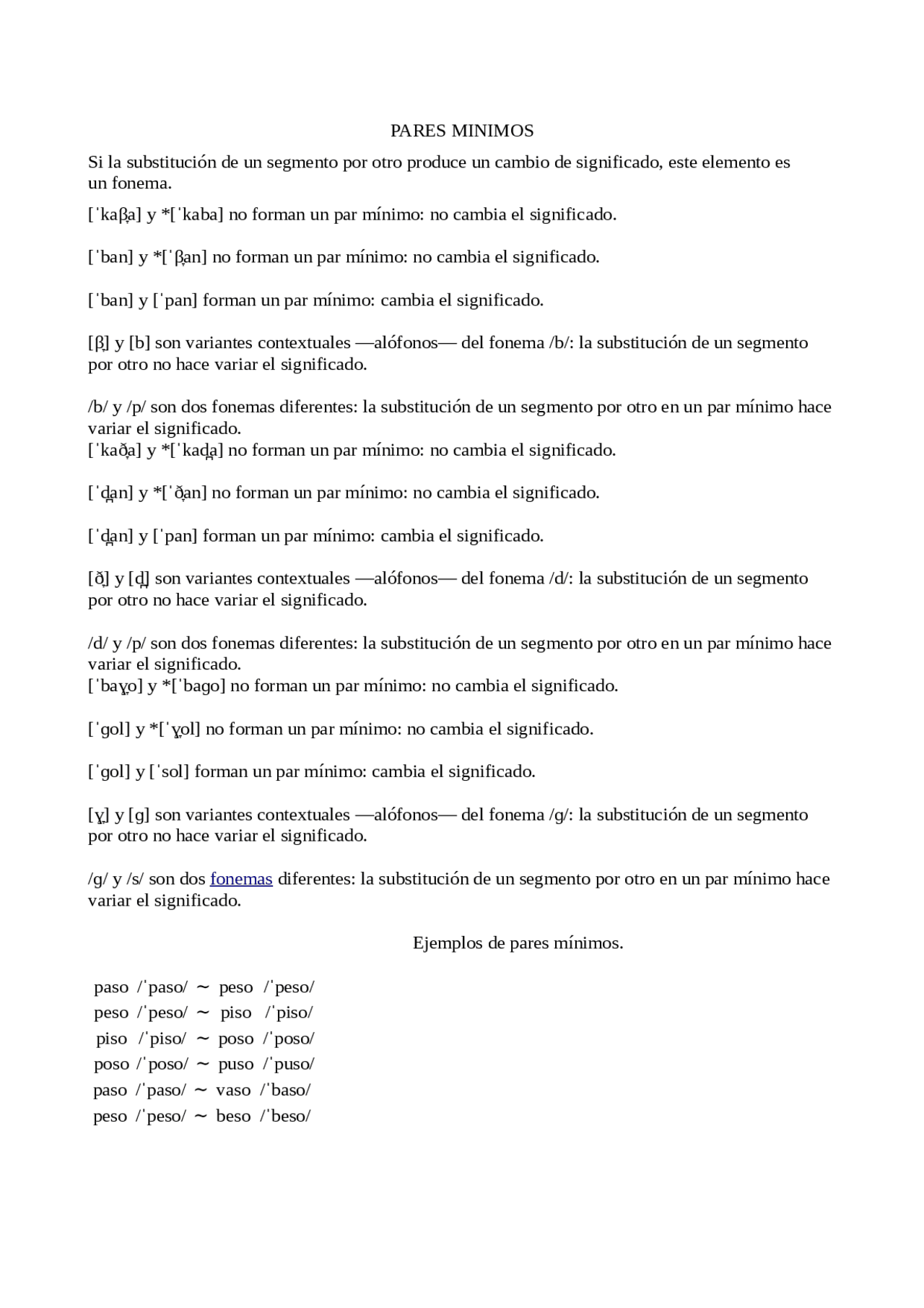 Fonética y Fonología: Pares mínimos | Apuntes de Fonética y Fonología ...