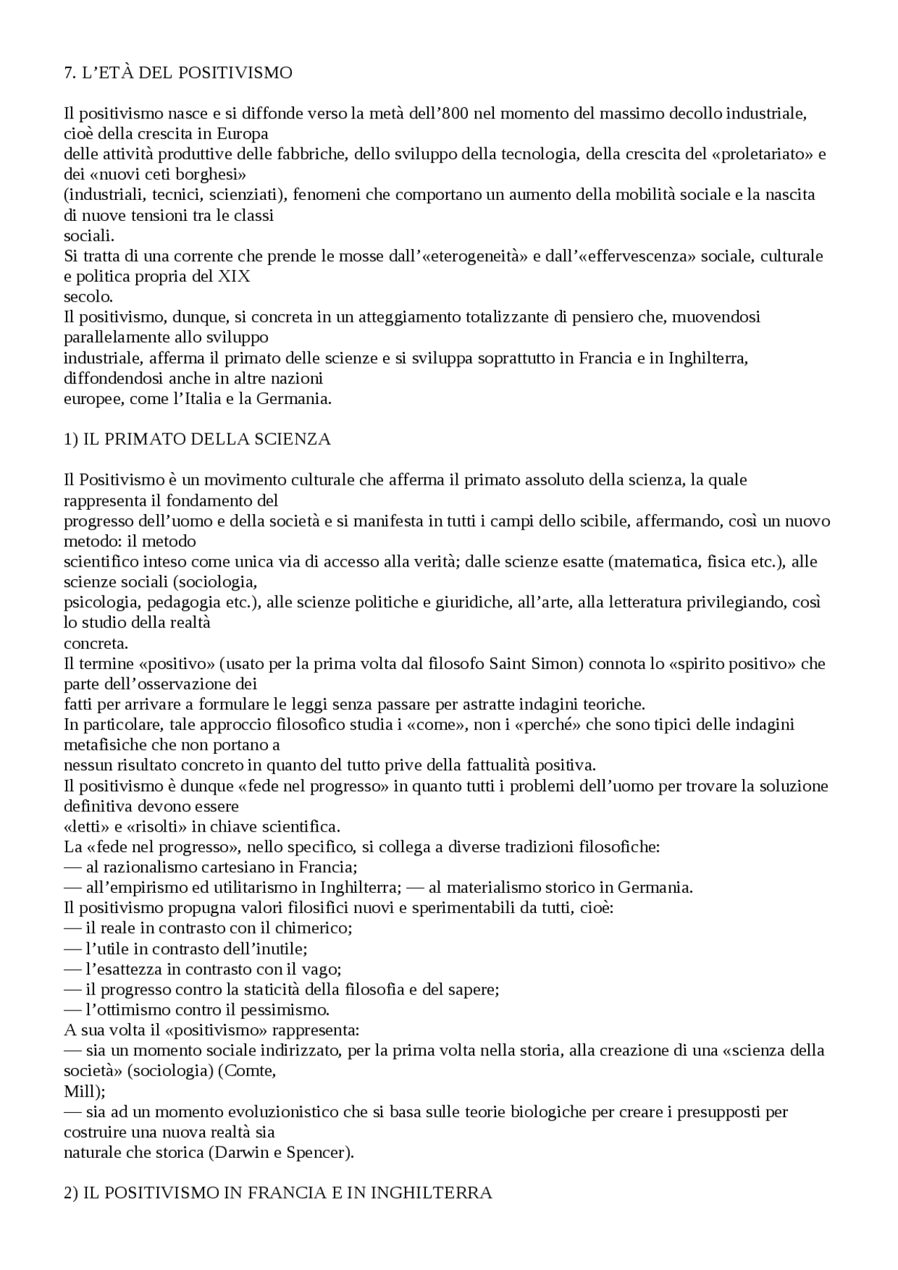 Il Positivismo In Europa Docsity