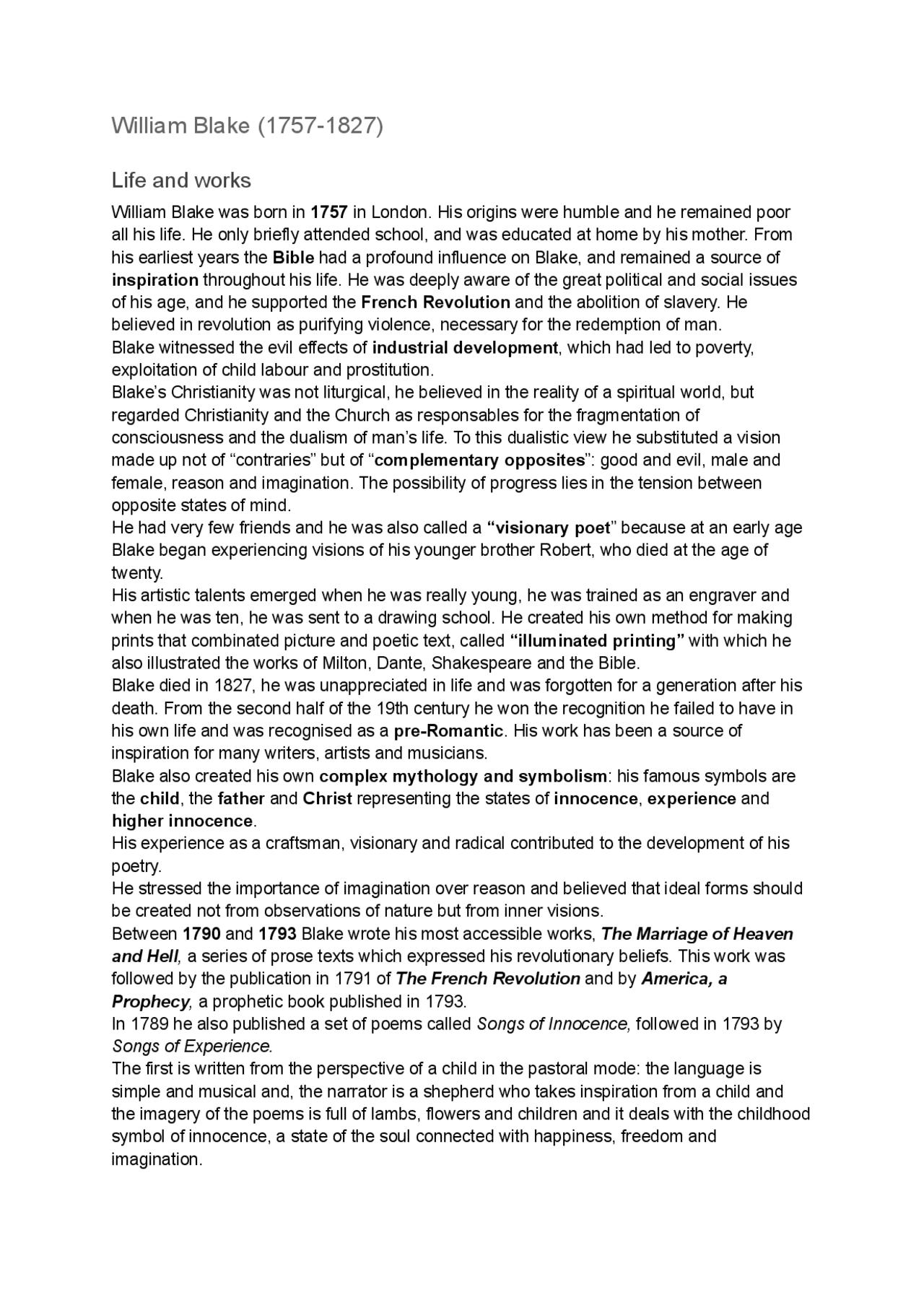 William Blake, Life and Work - Docsity