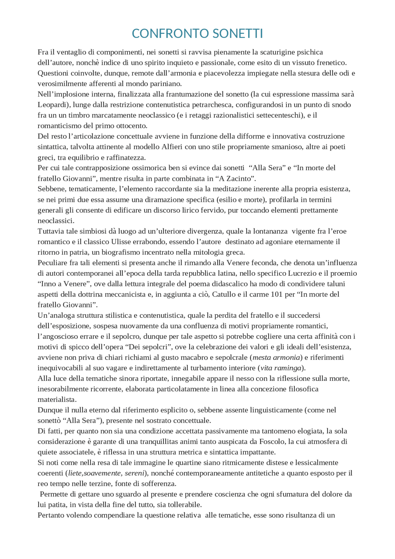 Foscolo Confronto Sonetti Docsity
