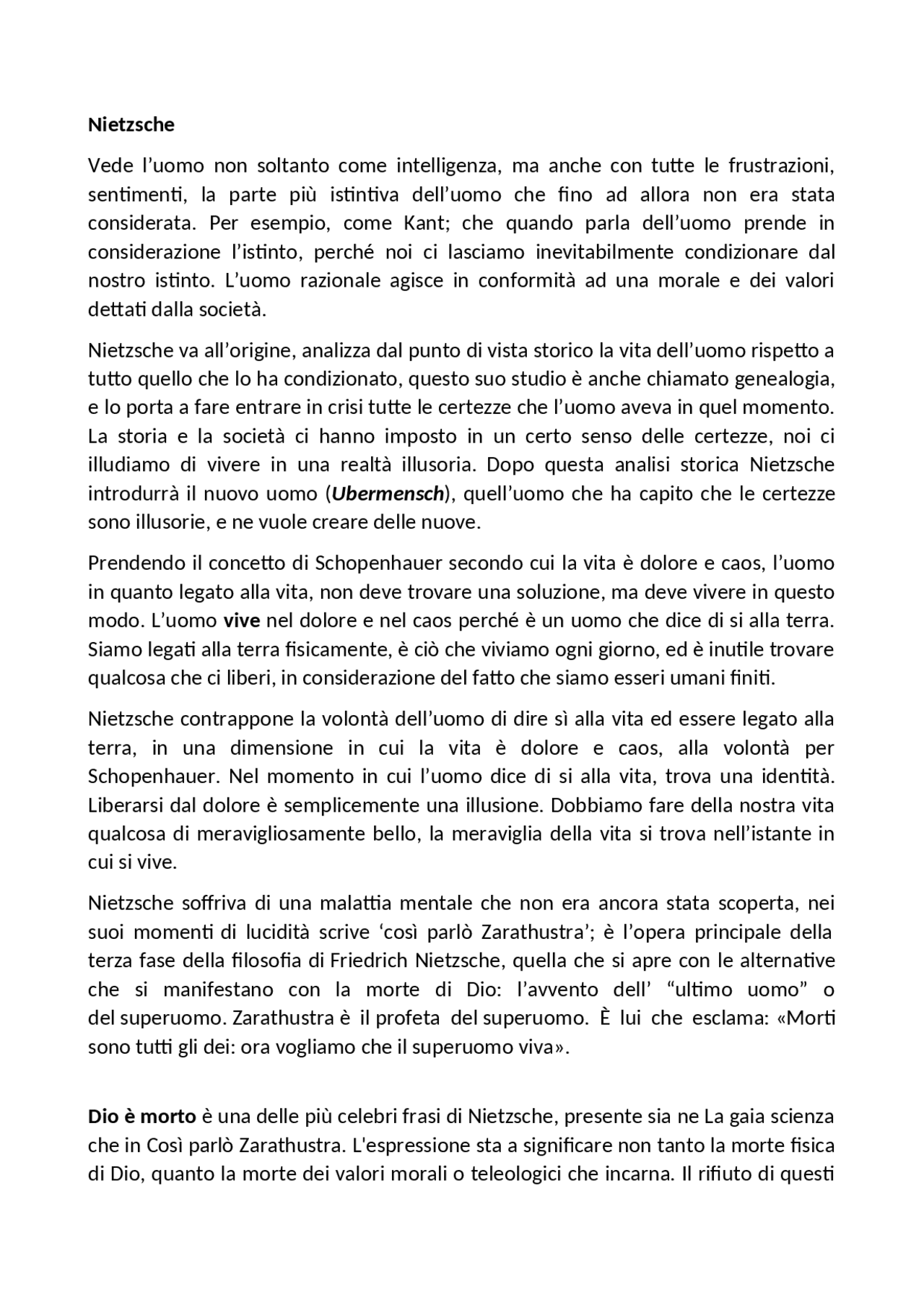 Nietzsche e il suo pensiero - Docsity