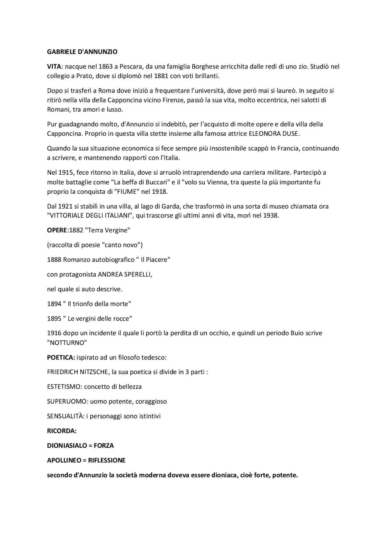 Appunti Riguardanti Gabriele Dannunzio Docsity