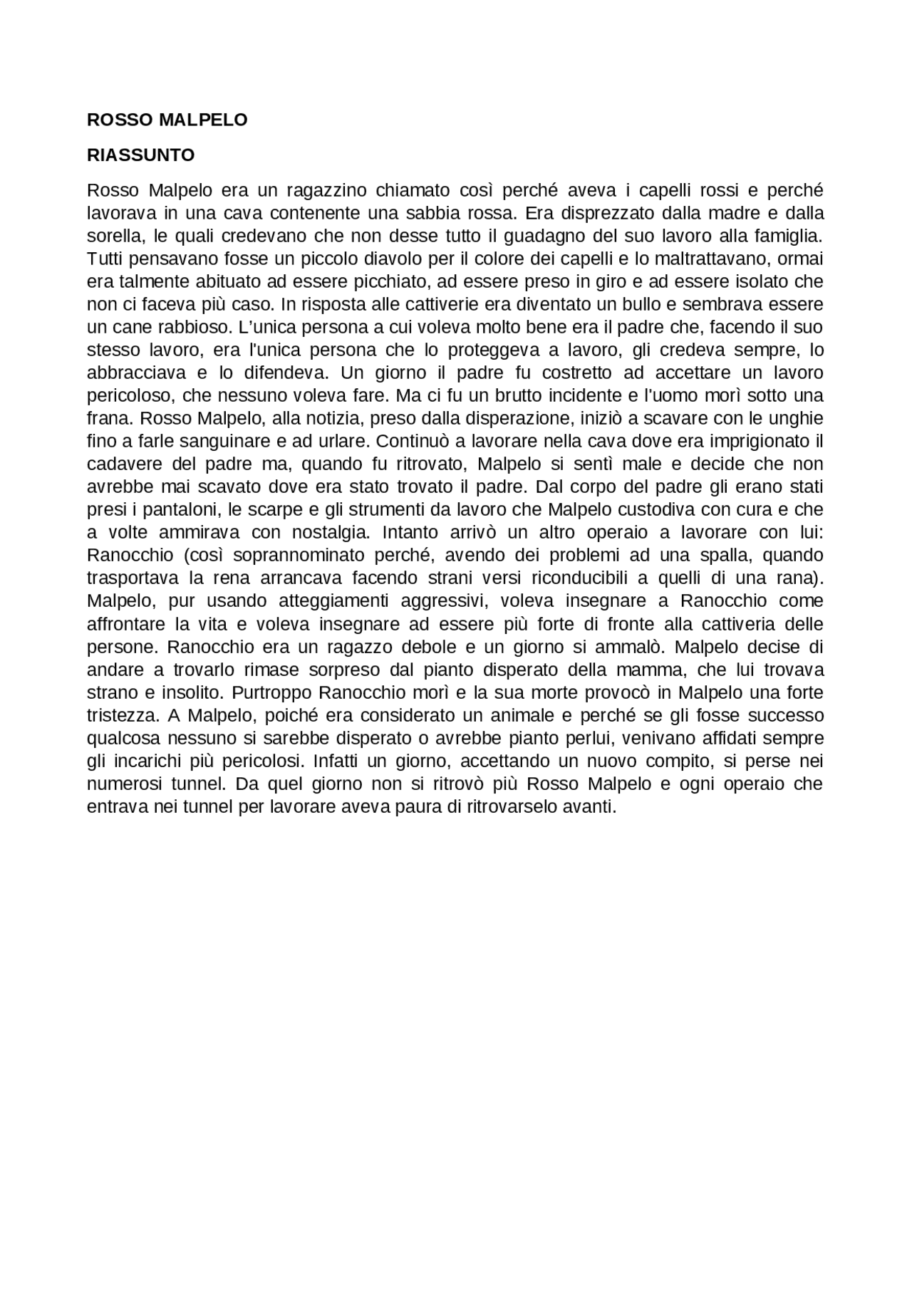 Rosso Malpelo Di Giovanni Verga Docsity