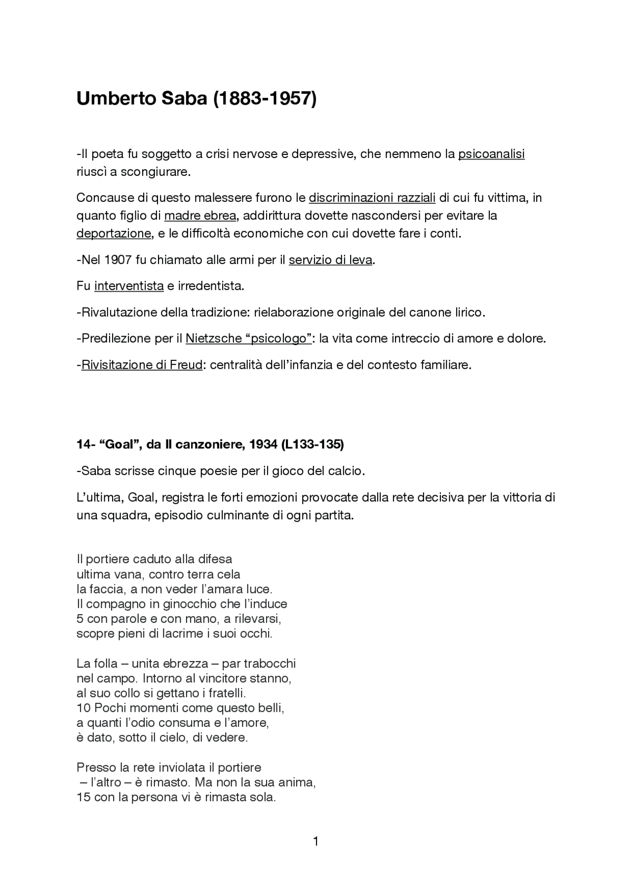 Riassunto Umberto Saba Docsity