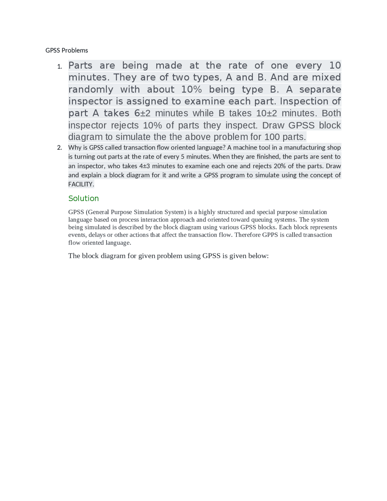 GPSS Program and Solution | Exercises Mathematical Modeling and Simulation | Docsity