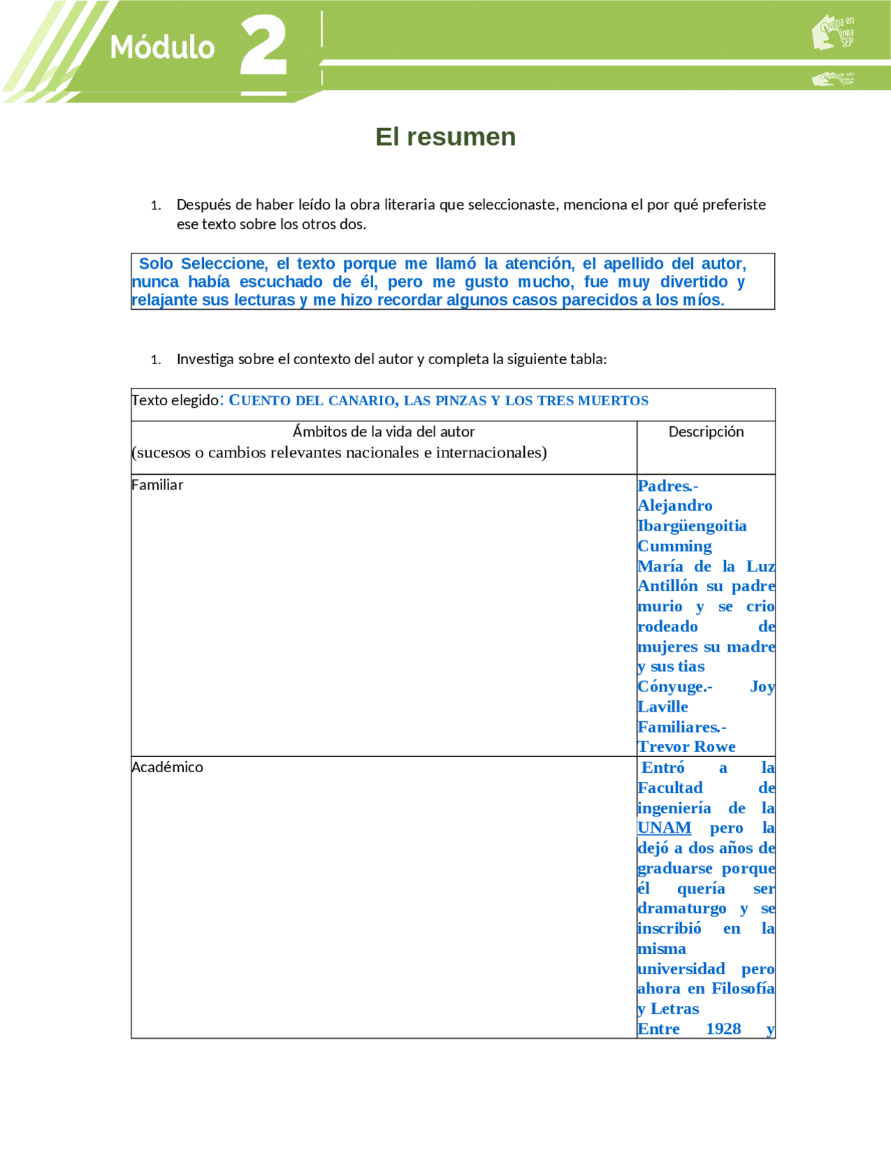 modulo 2 semana 2 ejercicio 4 | Ejercicios de Lengua y Literatura | Docsity