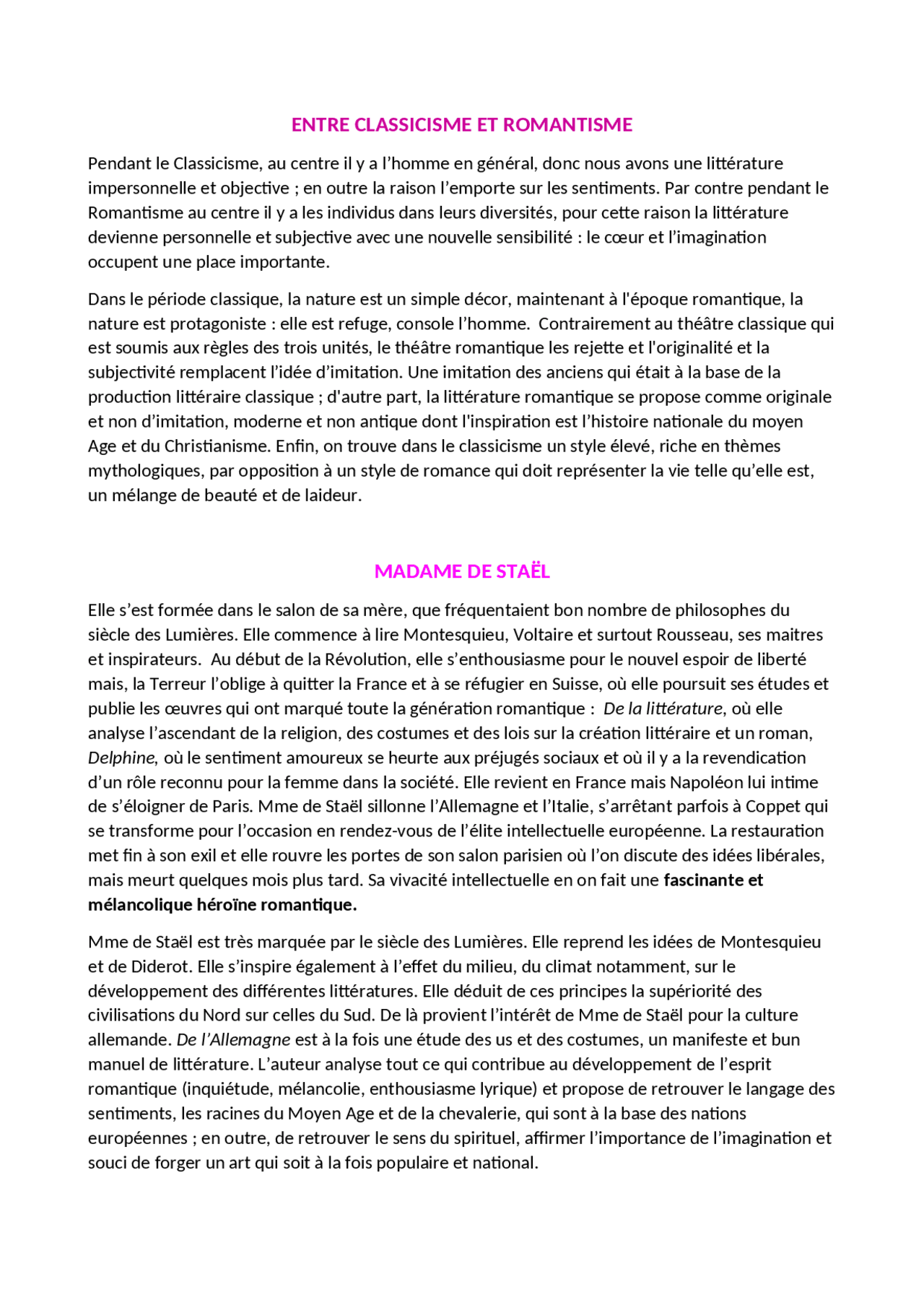 Entre Classicisme Et Romantisme Docsity
