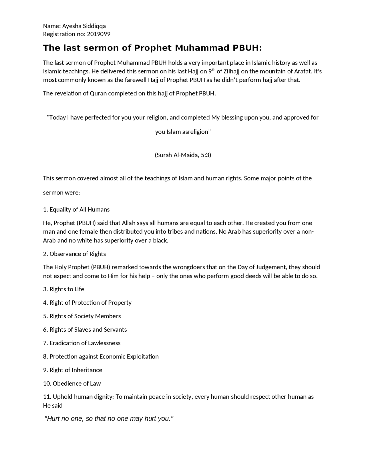 The last sermon of Prophet Muhammad PBUH - Docsity