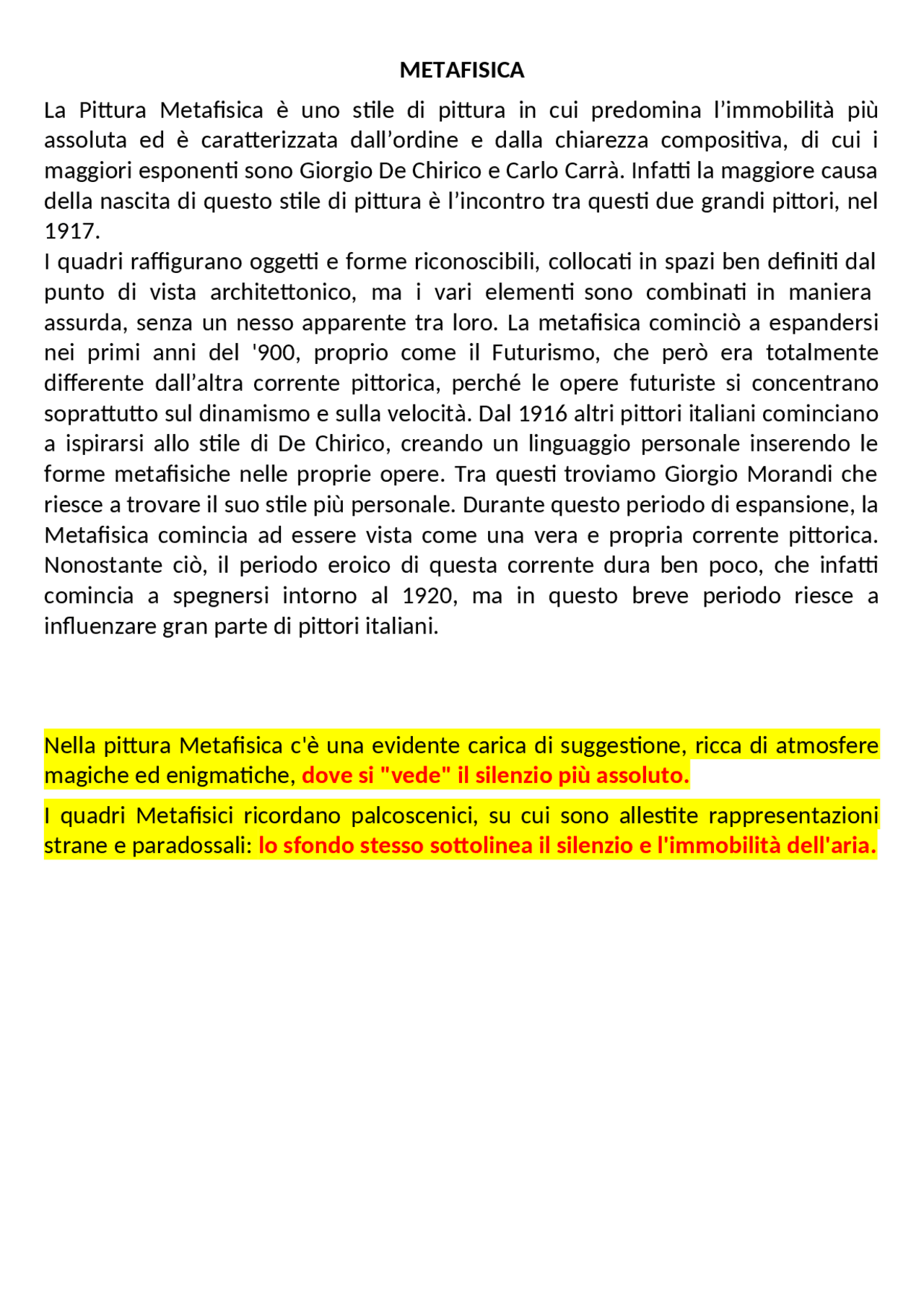 Metafisica E De Chirico Docsity