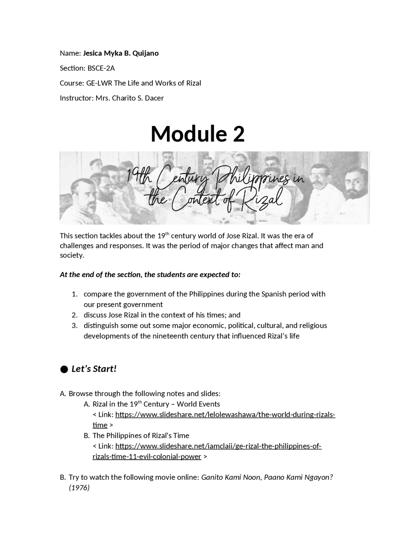 19th Century Philippines In The Context Of Rizal Assignments History