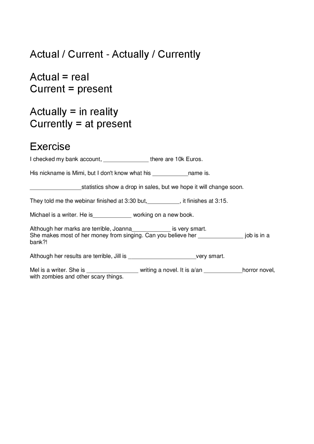 Actual vs Current / Actually vs Currently | Ejercicios de Inglés | Docsity