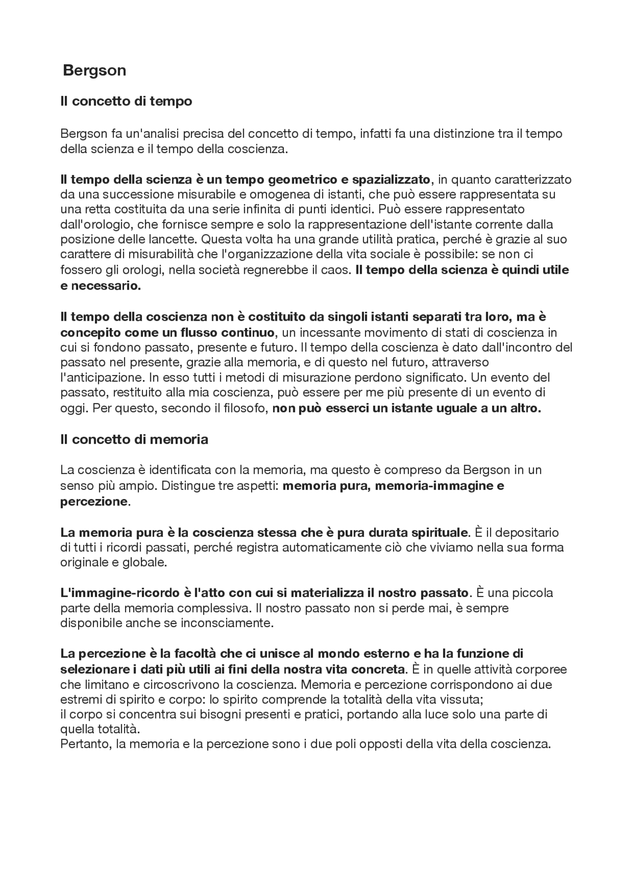 BERGSON CONCETTI FONDAMENTALI DEL SUO PENSIERO - Docsity